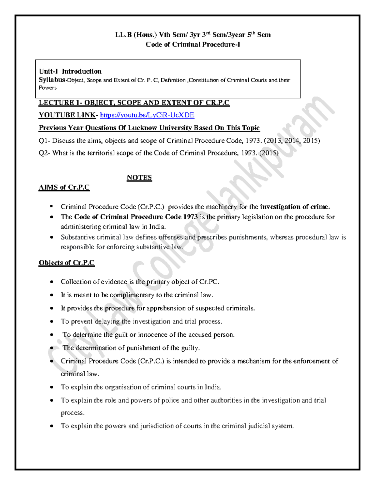 Law Notes for Integrated law courses ( Criminal Procedure code) - LL ...