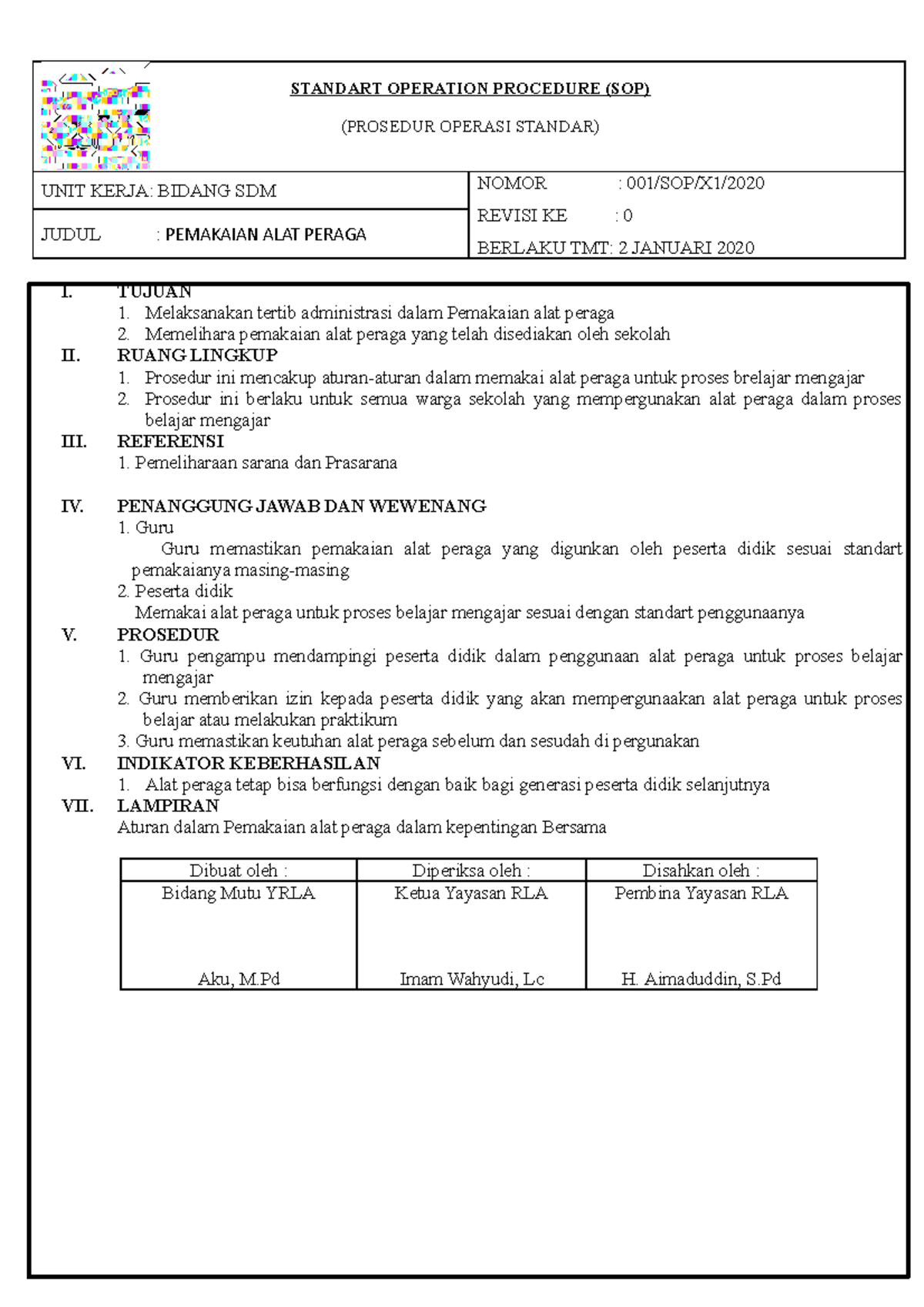 [SOP] Pemakaian ALAT Peraga - UNIT KERJA: BIDANG SDM NOMOR : 001/SOP/X1 ...