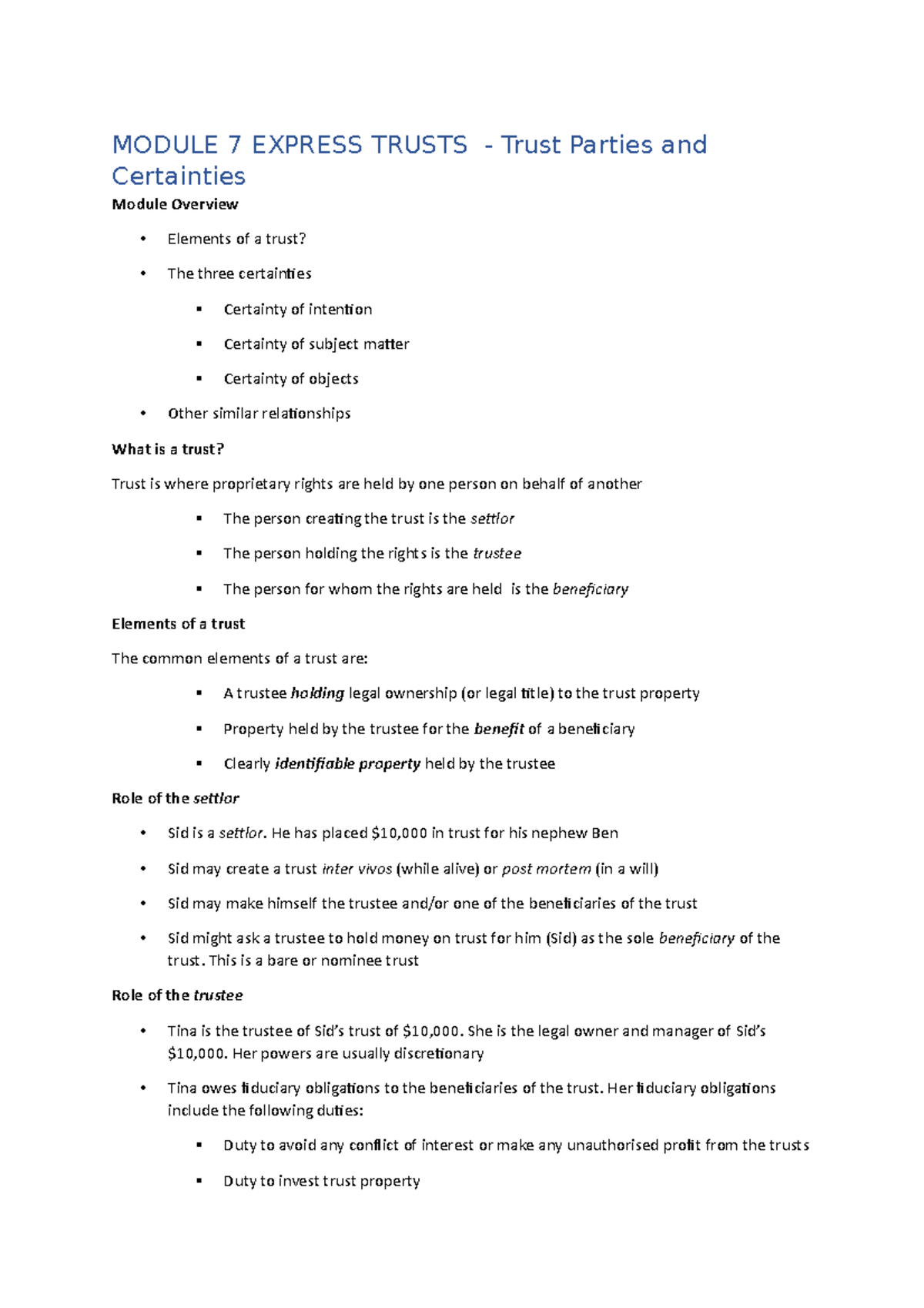 Module 7 8 10 11 Combined - MODULE 7 EXPRESS TRUSTS - Trust Parties and Certainties Module ...