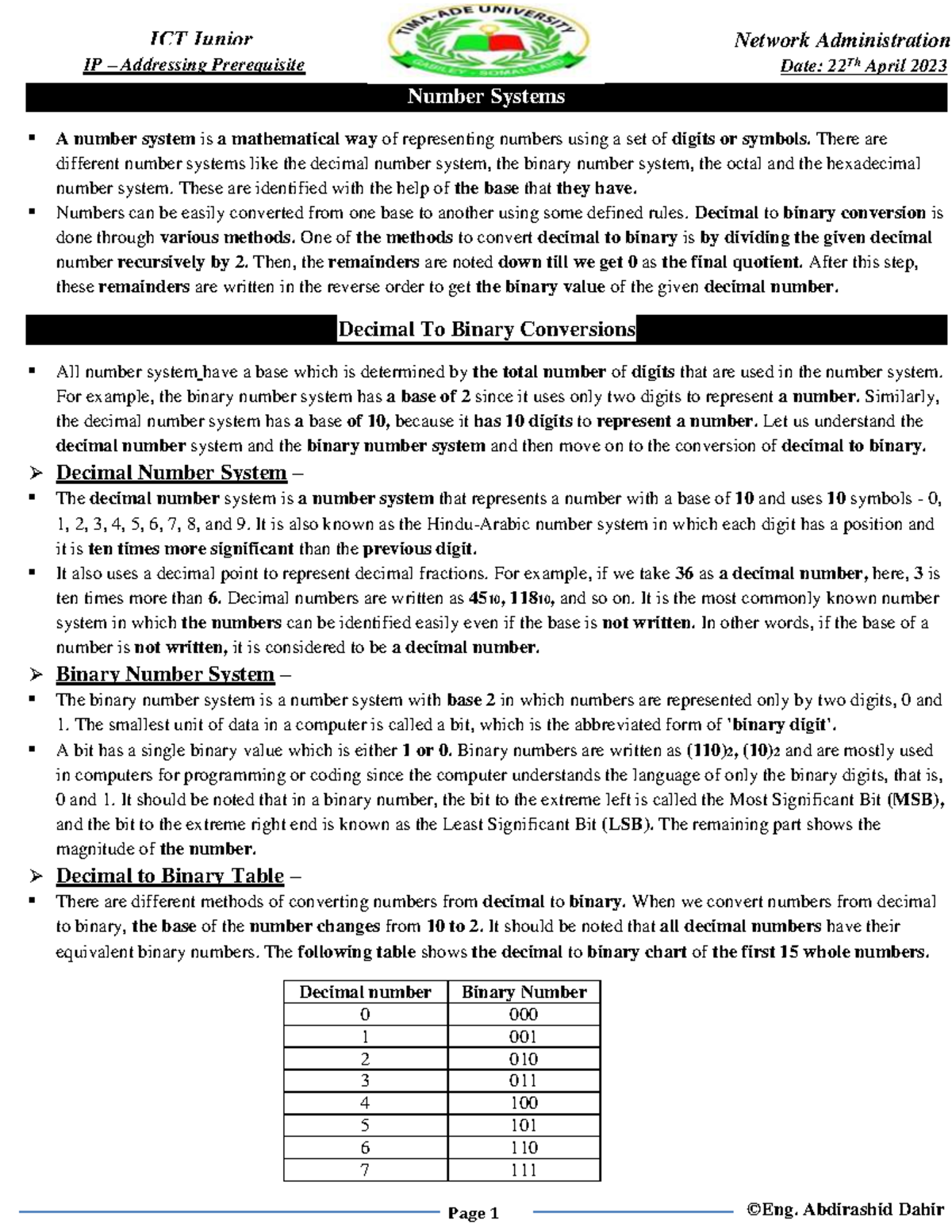 Chapter 3 Part II - IP Addressing Pre - requisite - Page 1 Number ...