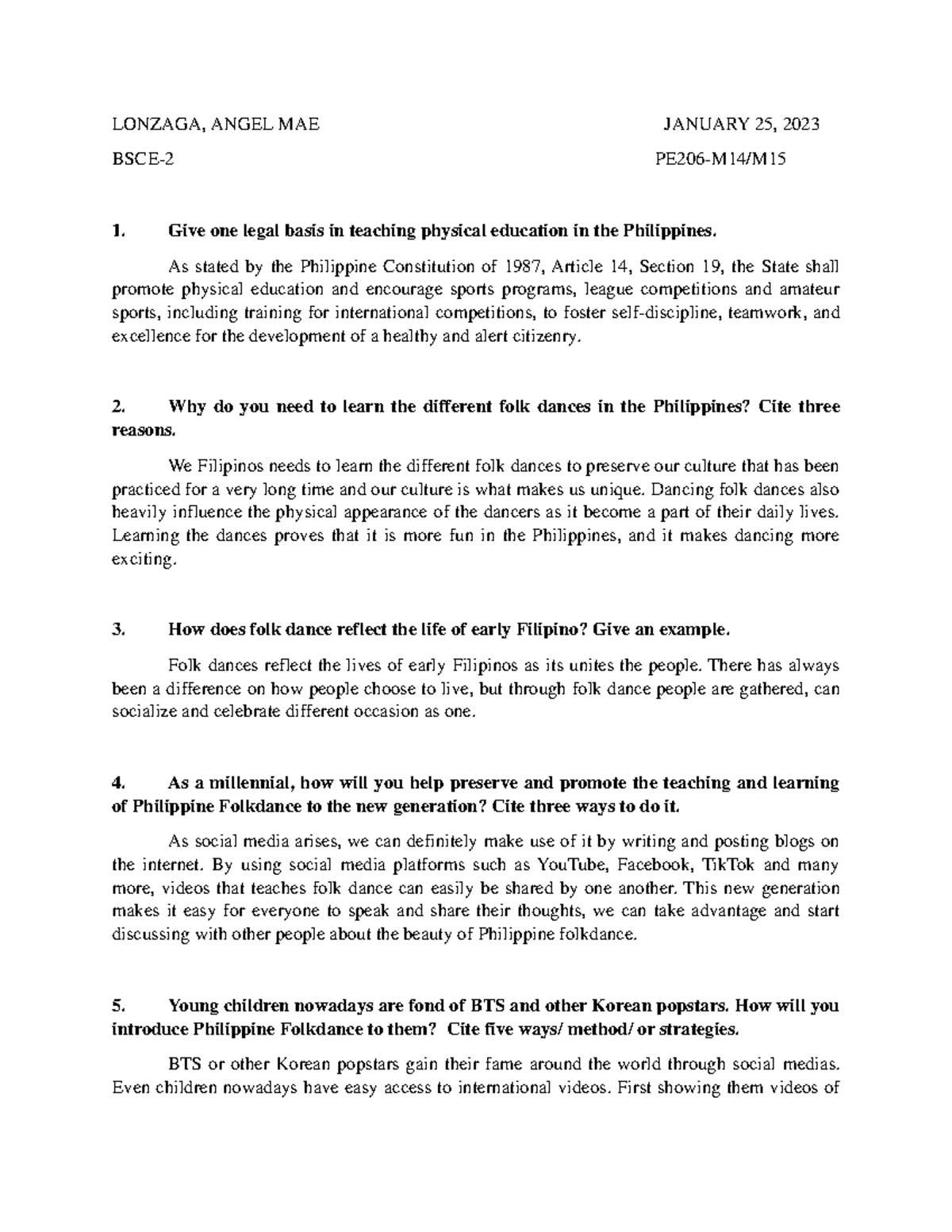 PE206 M14-M15 A1 Lonzaga - LONZAGA, ANGEL MAE JANUARY 25, 2023 BSCE-2 PE206-M14/M Give one legal ...