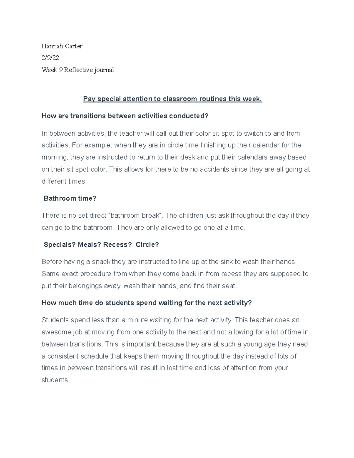 EDU 215 week 9 reflective journal - Hannah Carter 2/9/ Week 9 ...