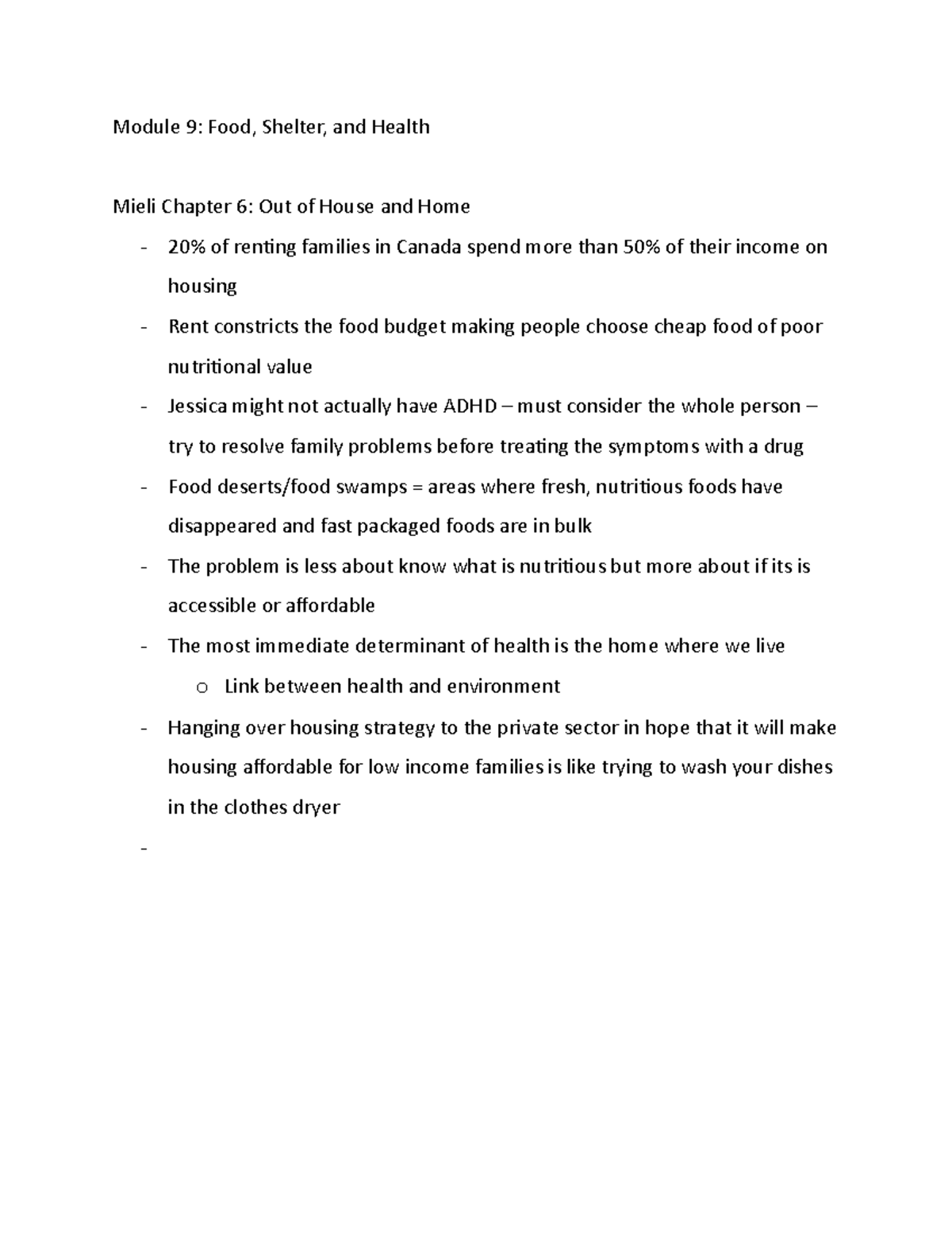 Module 9 - Module 9: Food, Shelter, and Health Mieli Chapter 6: Out of ...