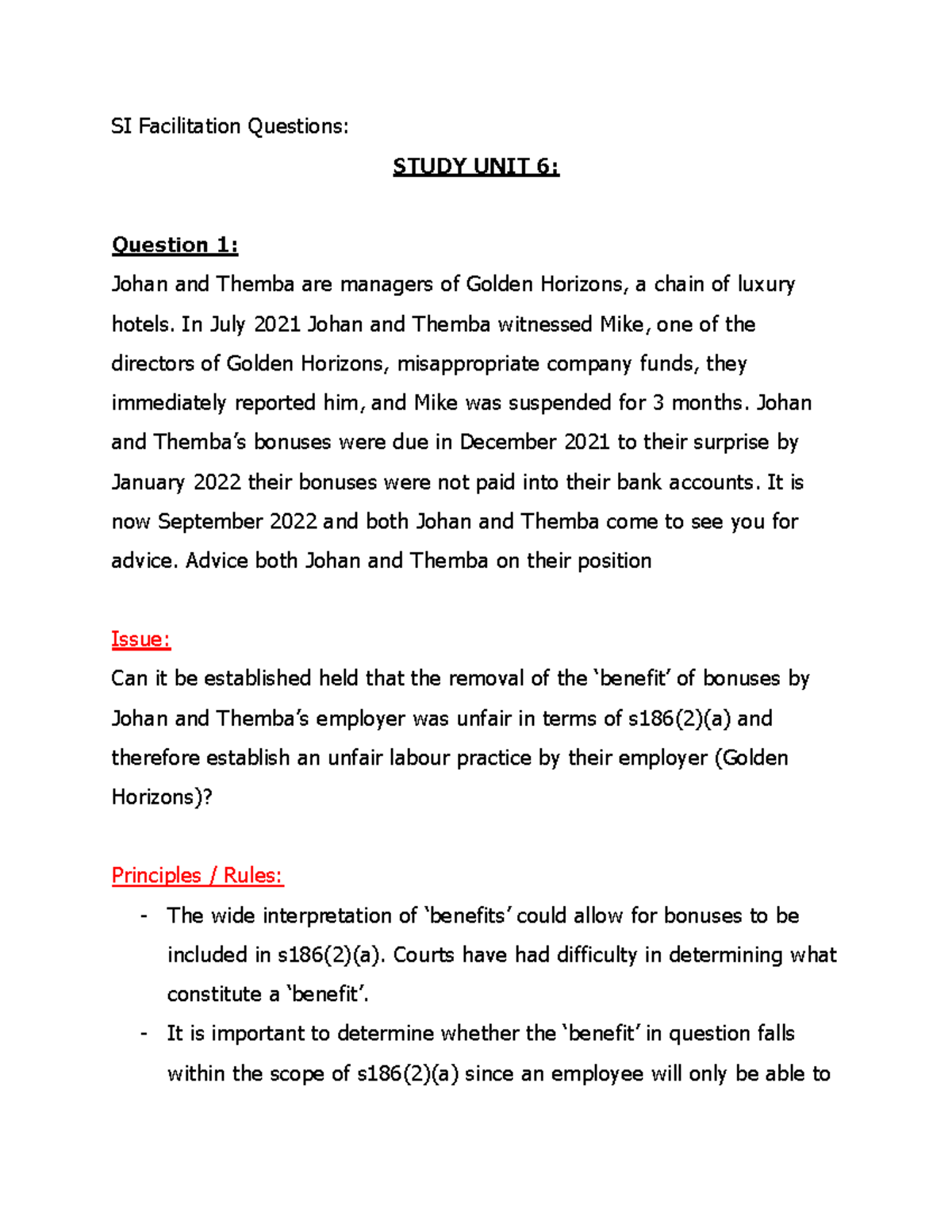 SI Facilitation Questions SU 6 & 7 - SI Facilitation Questions: STUDY ...