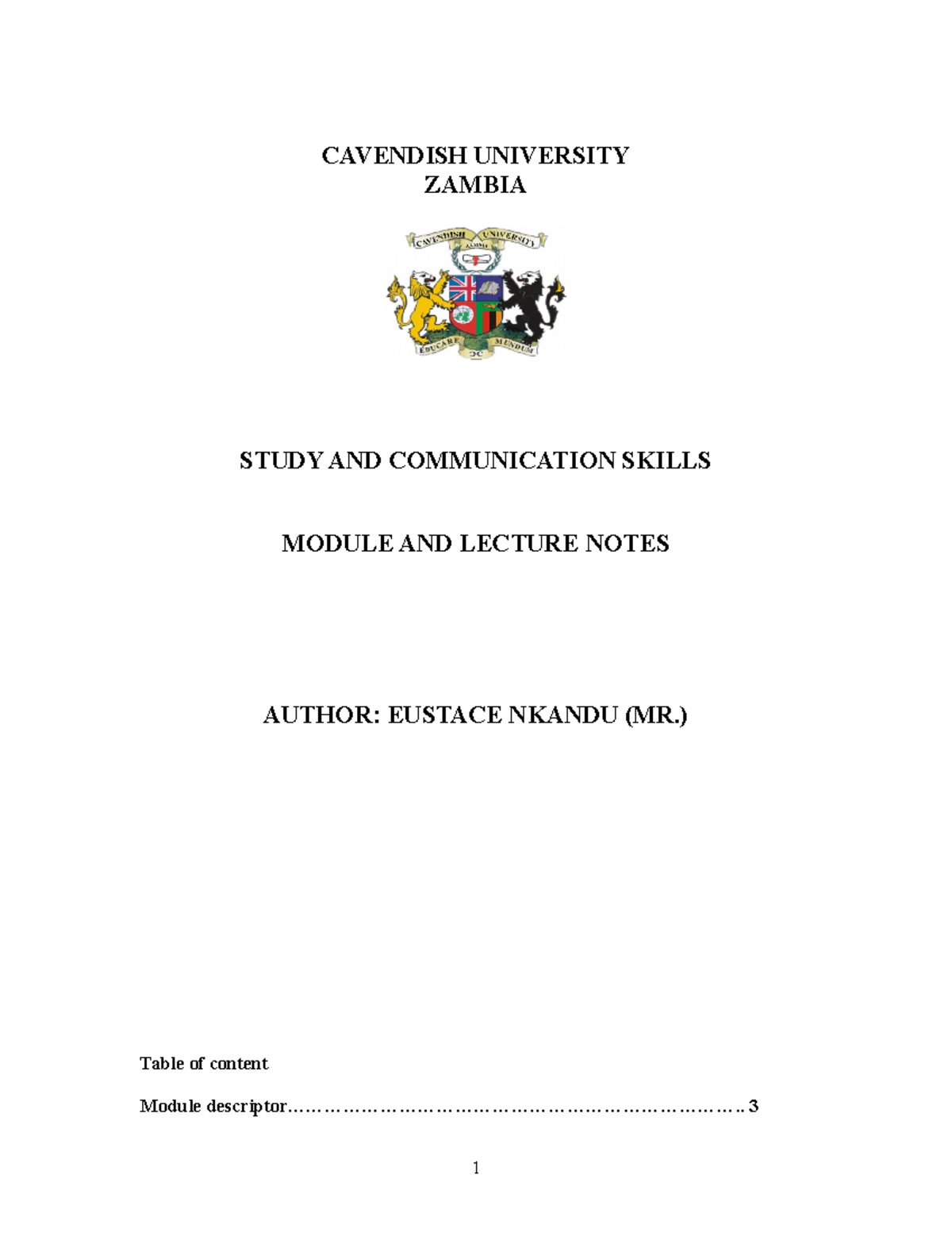 Study Skills - CAVENDISH UNIVERSITY ZAMBIA STUDY AND COMMUNICATION SKILLS MODULE AND LECTURE ...