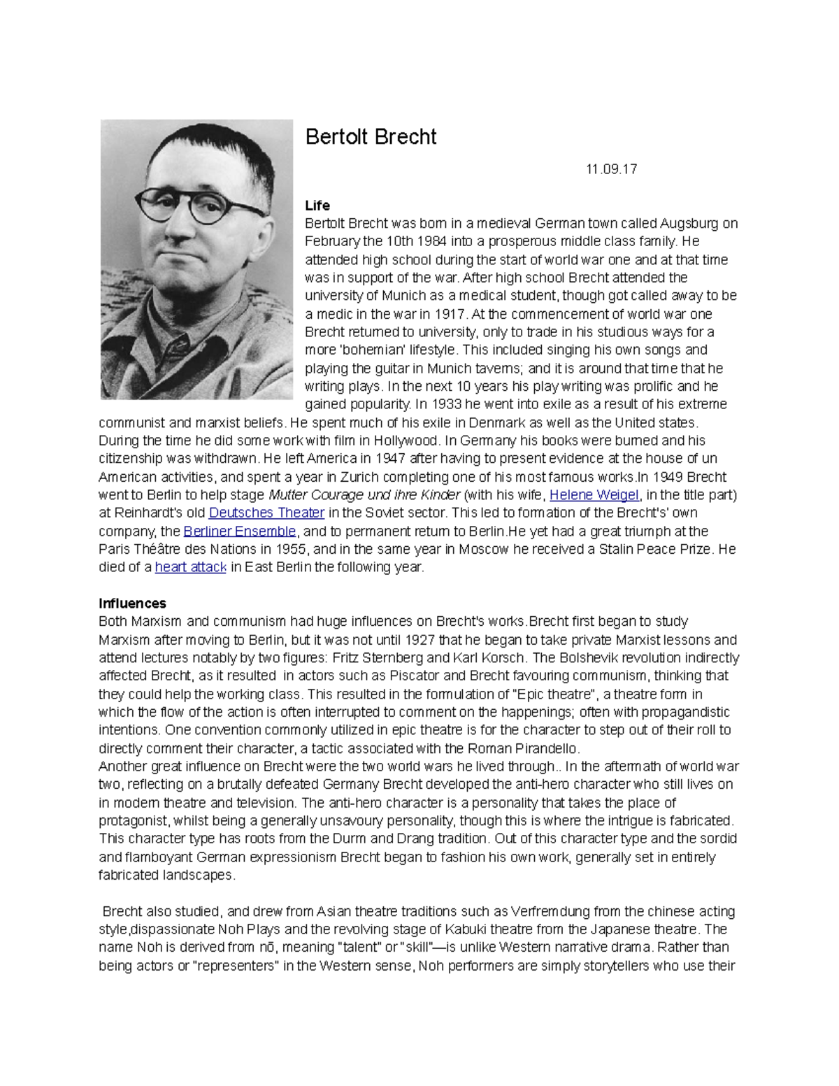 Brecht- practitioner - Warning: TT: more functions defined than expected Bertolt Brecht 11. Life ...