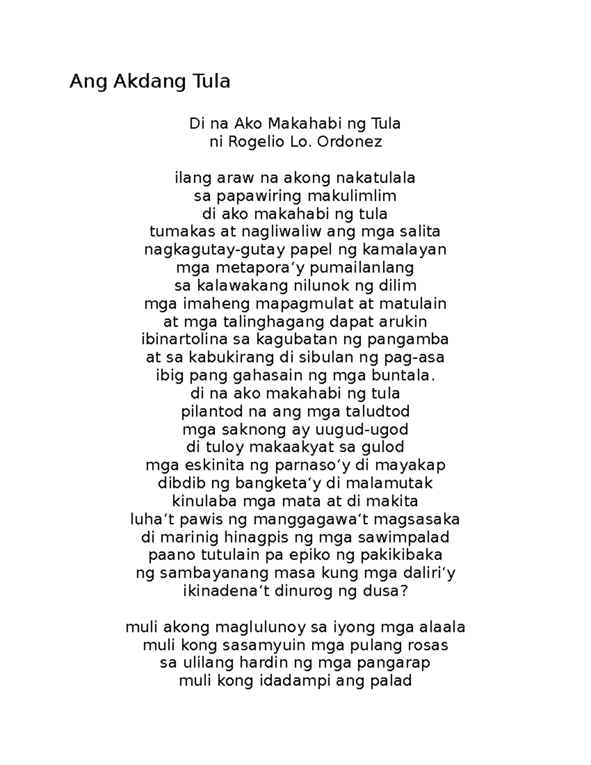 Pagsusuri-NG-TULA - Yah this is nice - Ang Akdang Tula Di na Ako Makahabi ng Tula ni Rogelio Lo ...