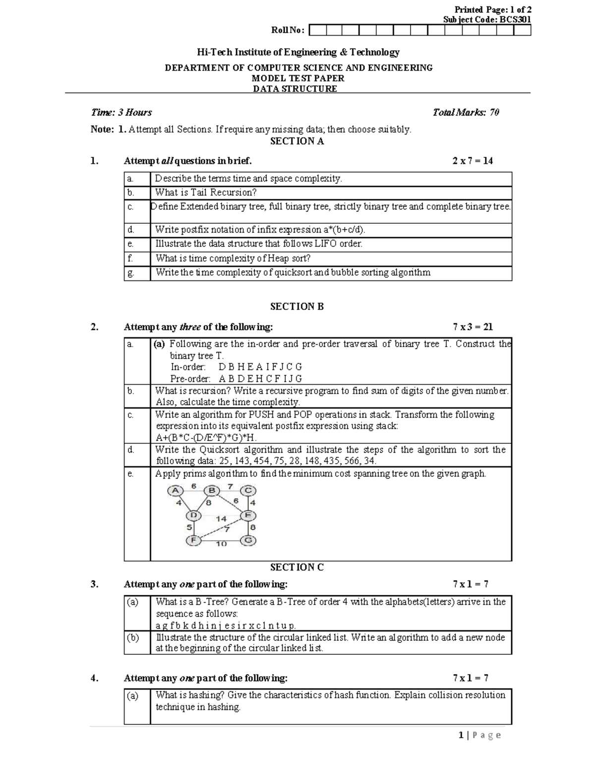 BT Sem3 BCS301 Data Structure Paper 1 - Printed Page: 1 of 2 1 | P a g ...
