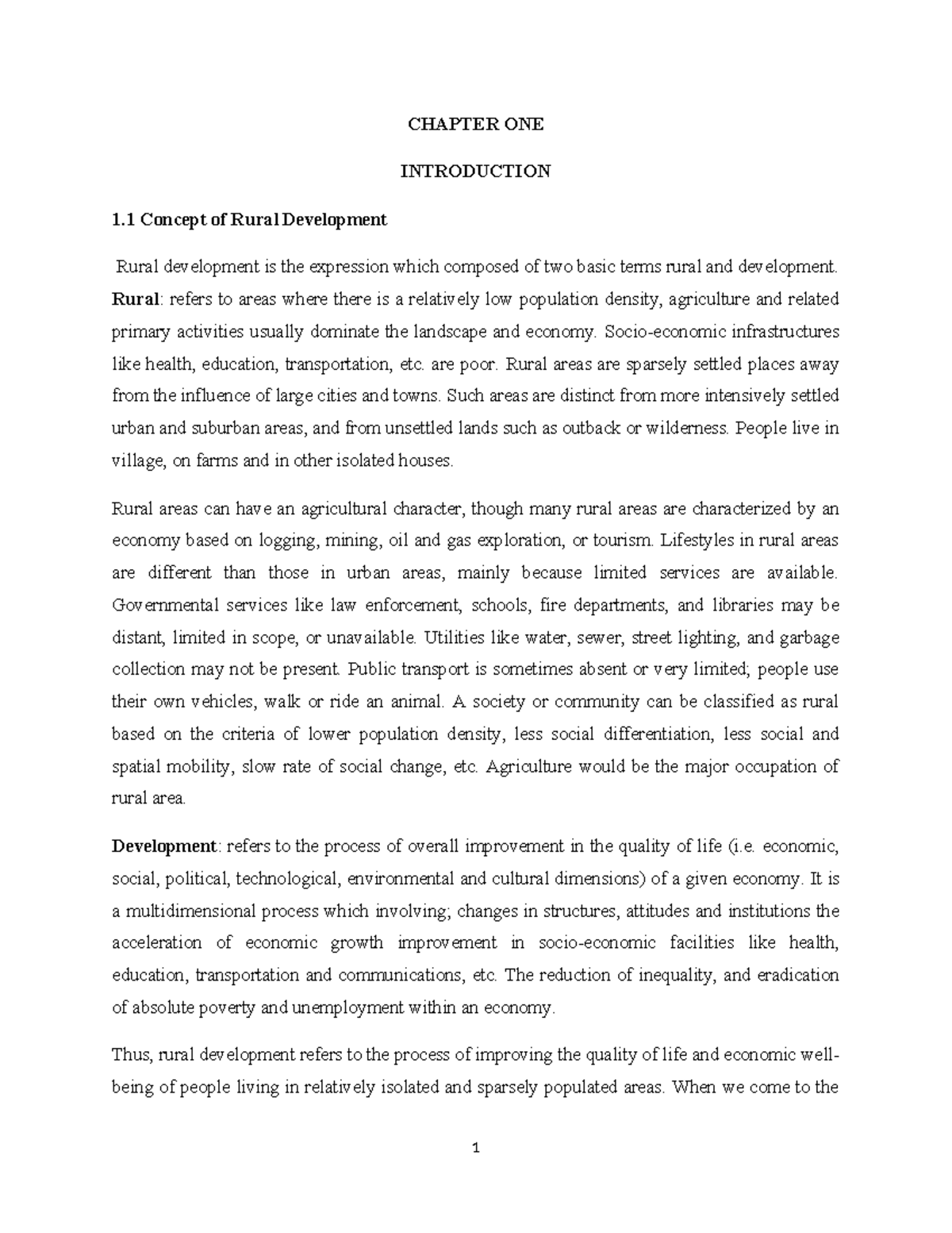 Rural development economics - CHAPTER ONE INTRODUCTION 1 Concept of ...