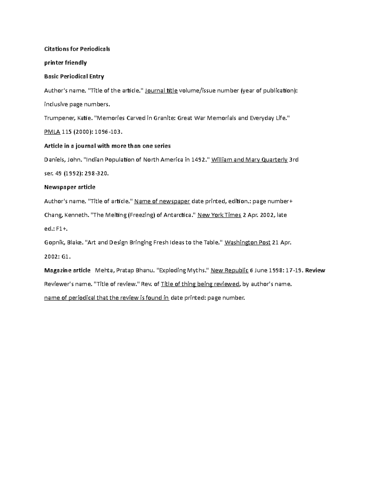 Ap english notes 11 - Citations for Periodicals printer friendly Basic ...