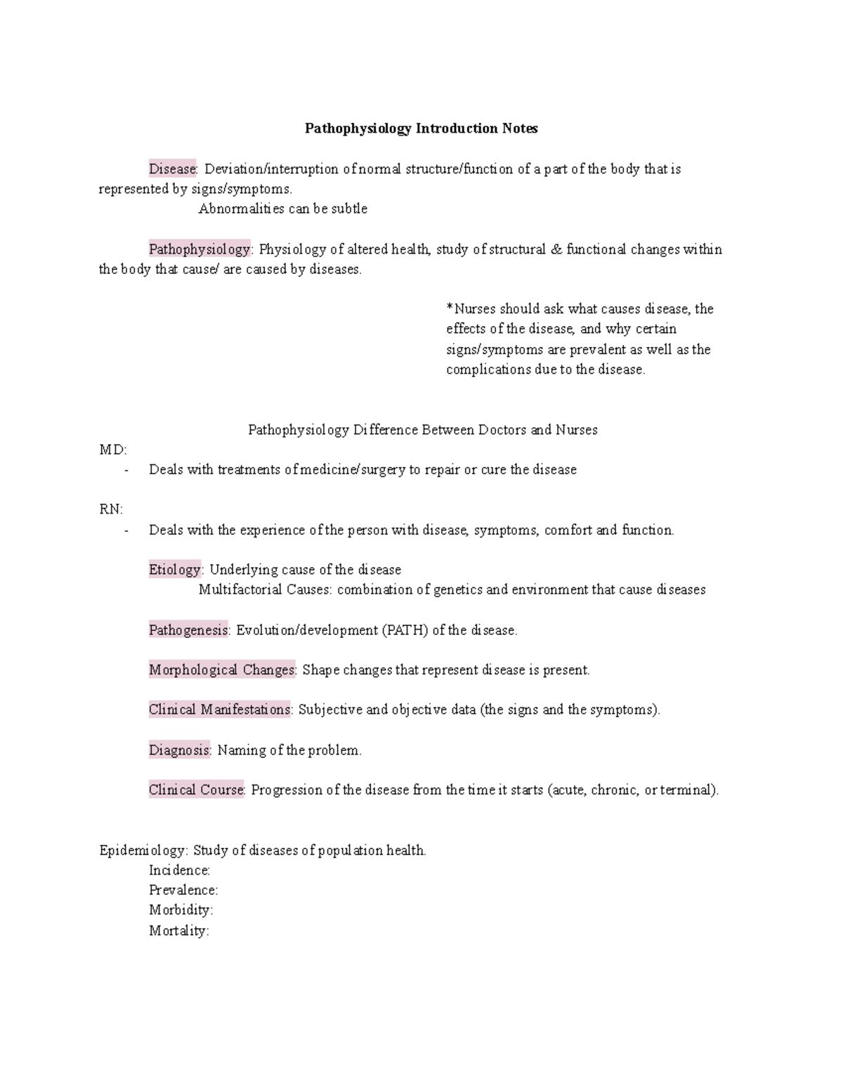Patho Introduction Notes - Pathophysiology Introduction Notes Disease ...
