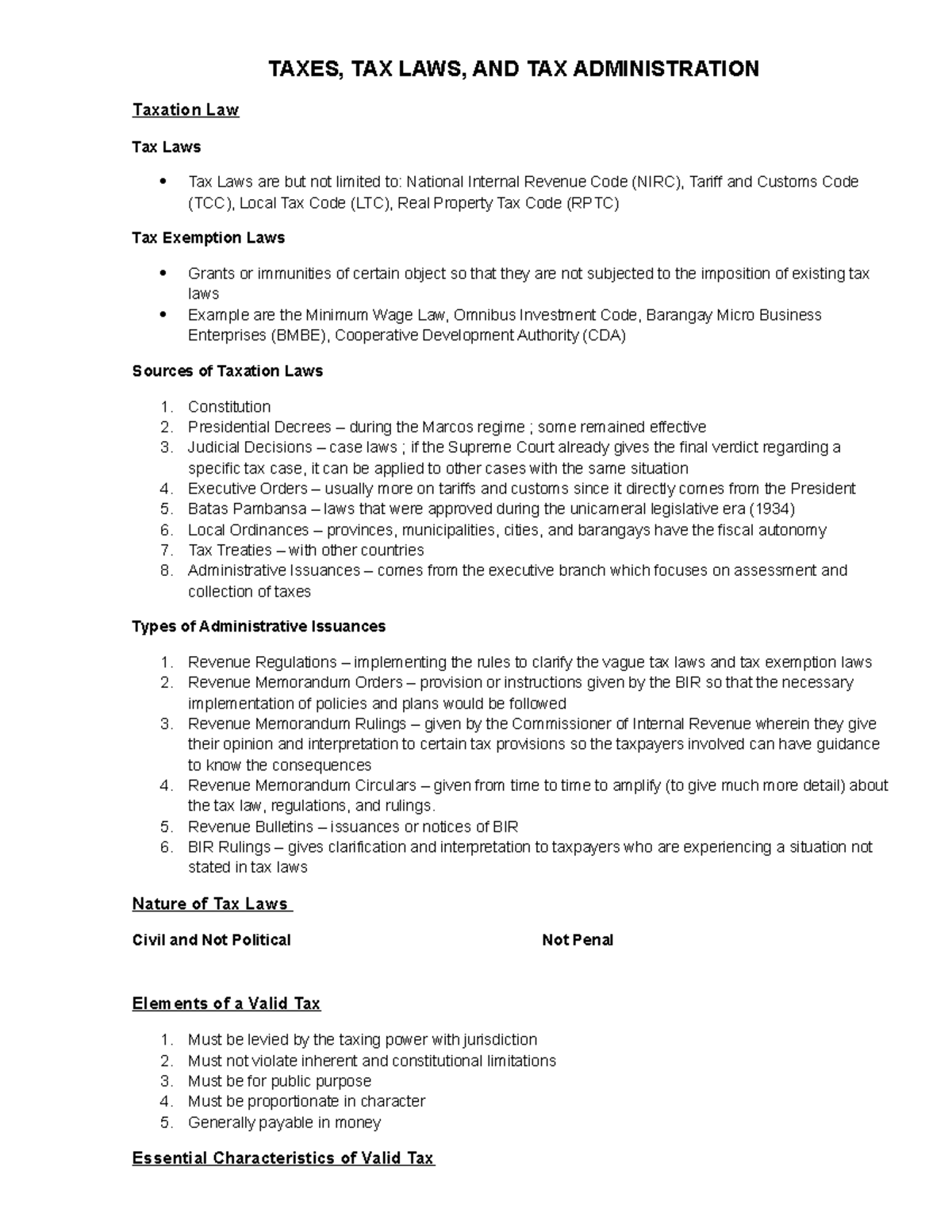 Taxes Tax Laws And Tax Administration TAXES TAX LAWS AND TAX