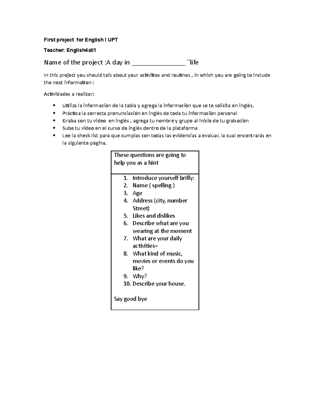 English 1 First Project - First project for English I UPT Teacher ...