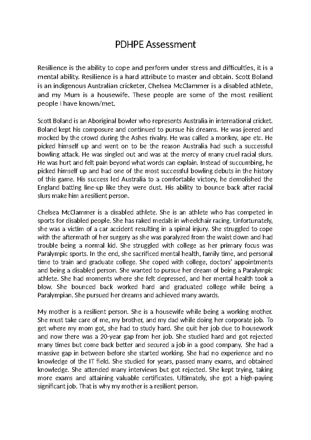 Pdhpe Assessment - PDHPE Assessment Resilience is the ability to cope ...