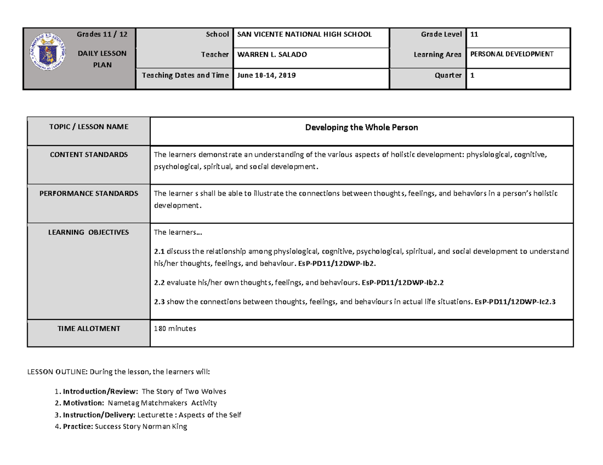 Document - HI...... - Grades 11 / 12 DAILY LESSON PLAN School SAN ...