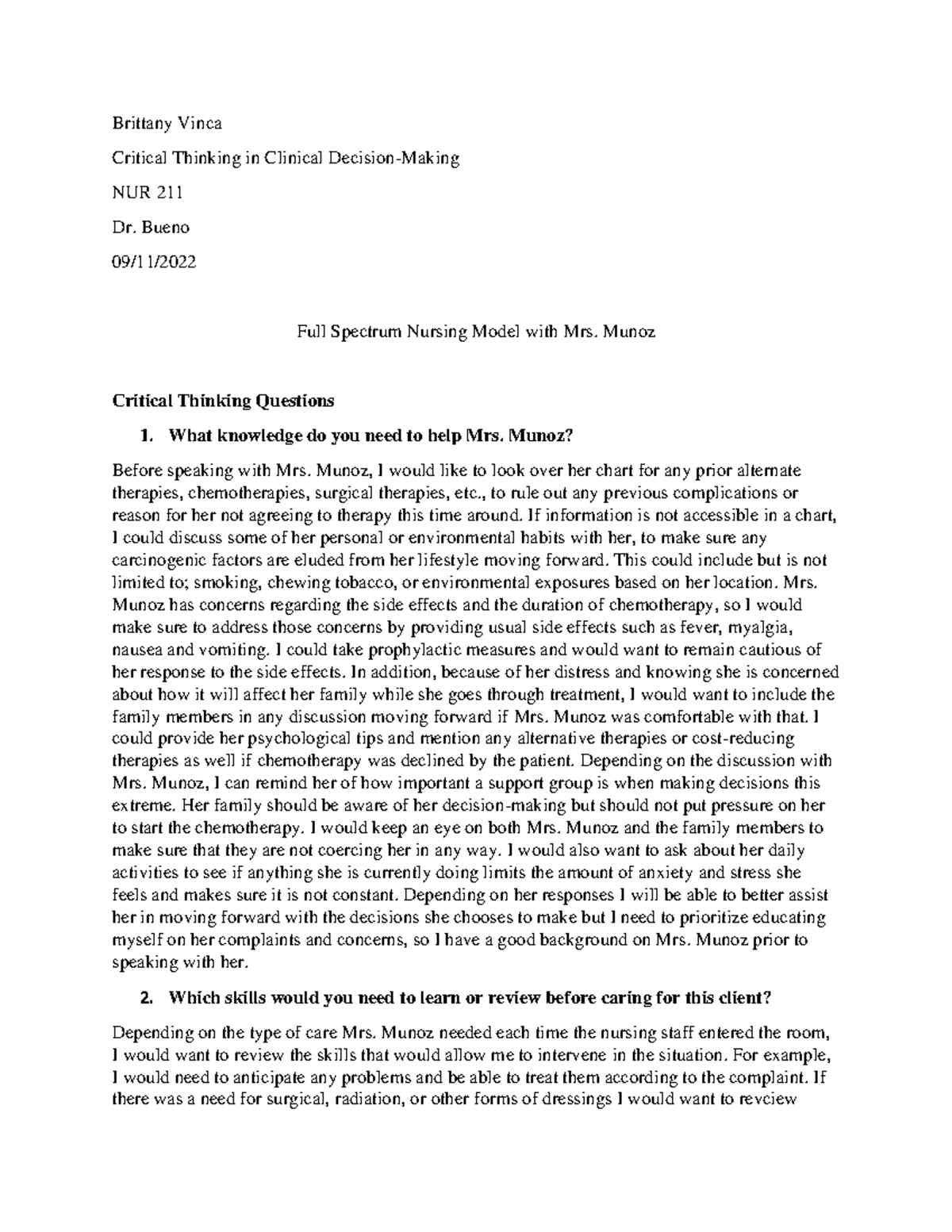 Full-Spectrum Nursing Model with Mrs. Munoz - Brittany Vinca Critical ...