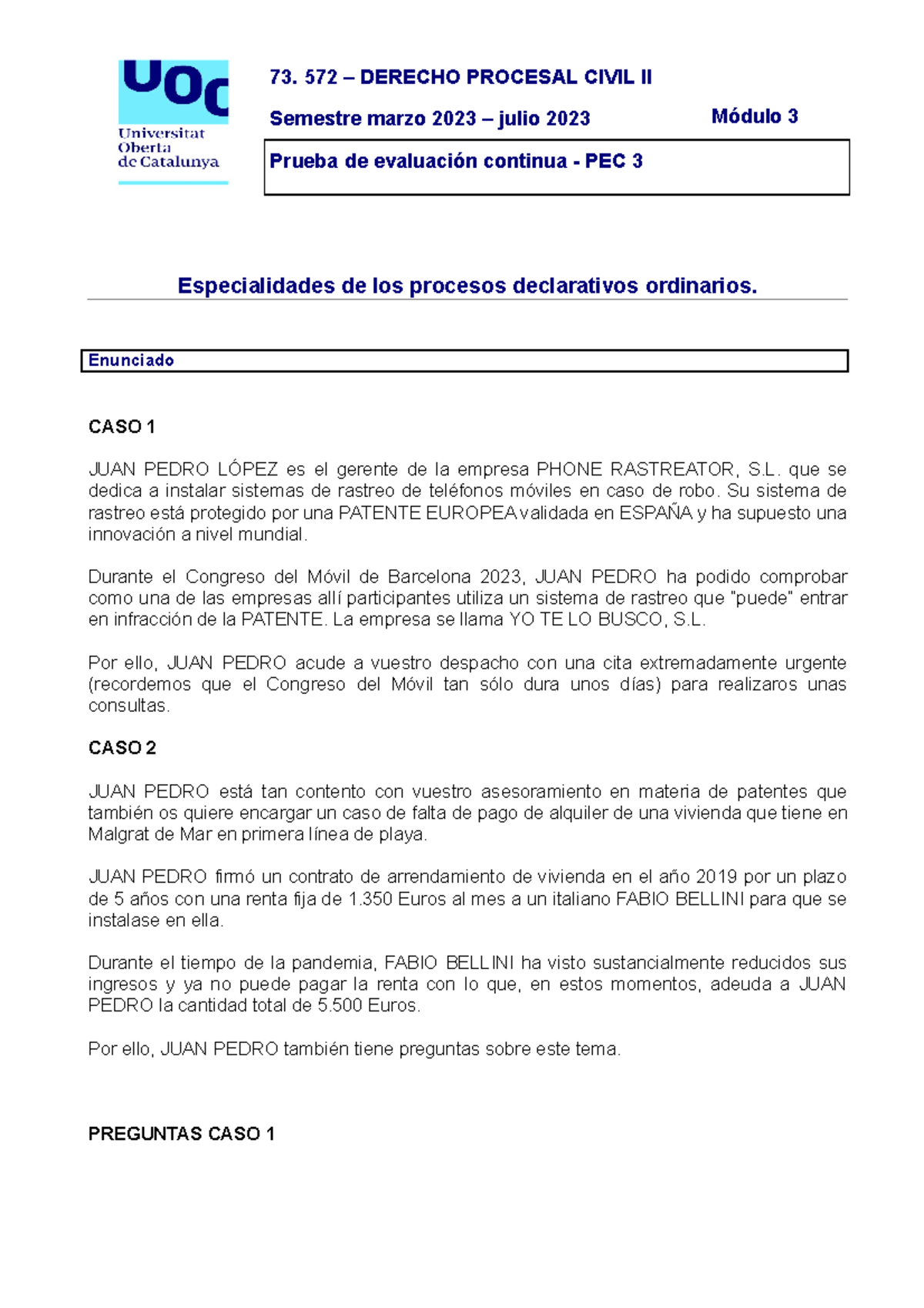 73572 PEC3 - Pec 3 corregida y con nota B - 572 – DERECHO PROCESAL CIVIL II Semestre marzo 2023 ...
