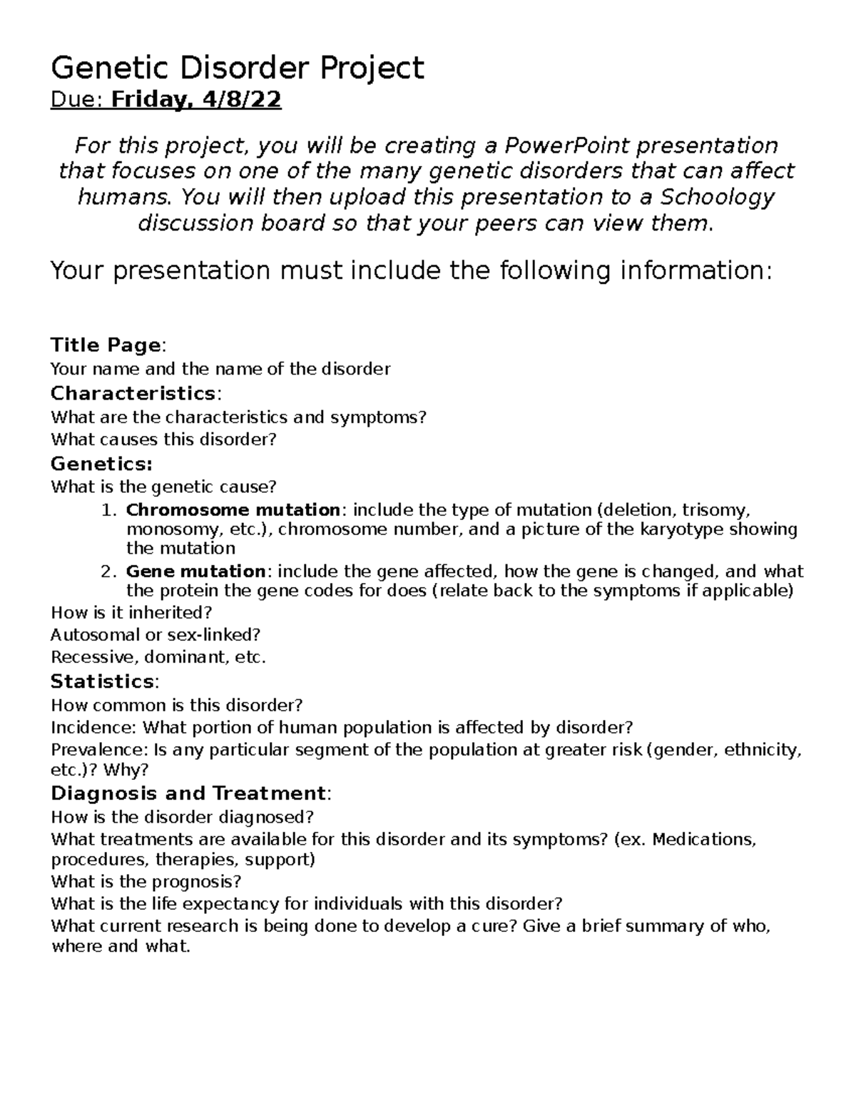 Genetic Disorder Project Directions - Genetic Disorder Project Due ...