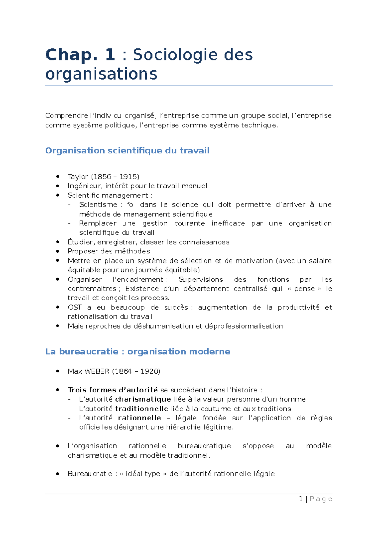 M1 - Chapitre 1 - Sociologie des organisations - Chap. 1 : Sociologie ...