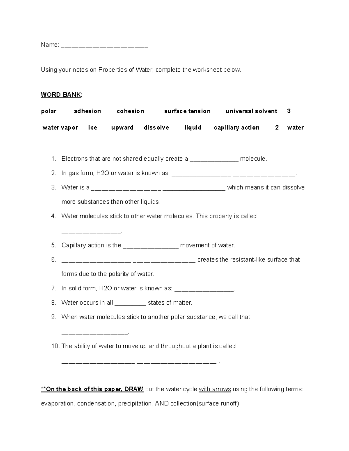 Properties of Water - WORD BANK: polar adhesion cohesion surface ...