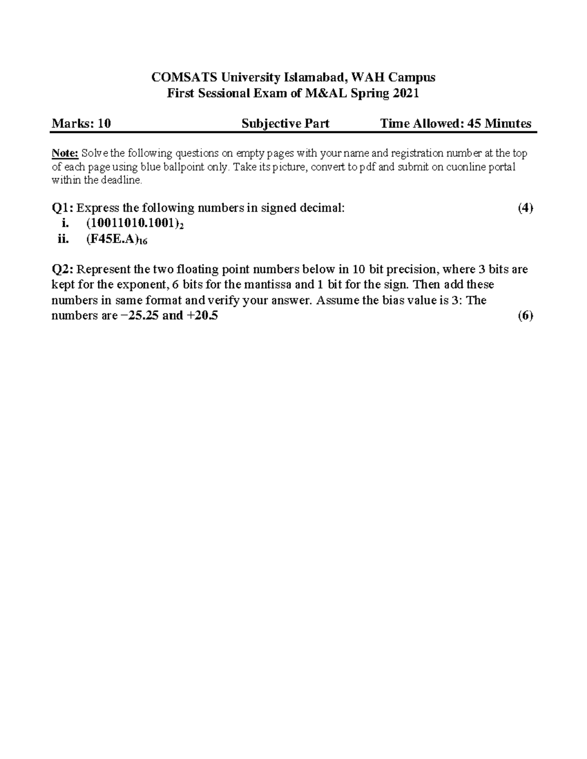 M&AL Spring 2021 S1 Subjective - COMSATS University Islamabad, WAH Campus First Sessional Exam ...