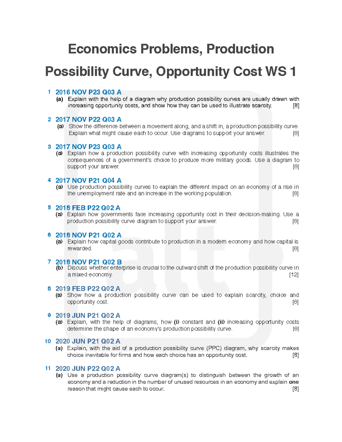 Economics Problems Production Possibility Curve Opportunity Cost ...