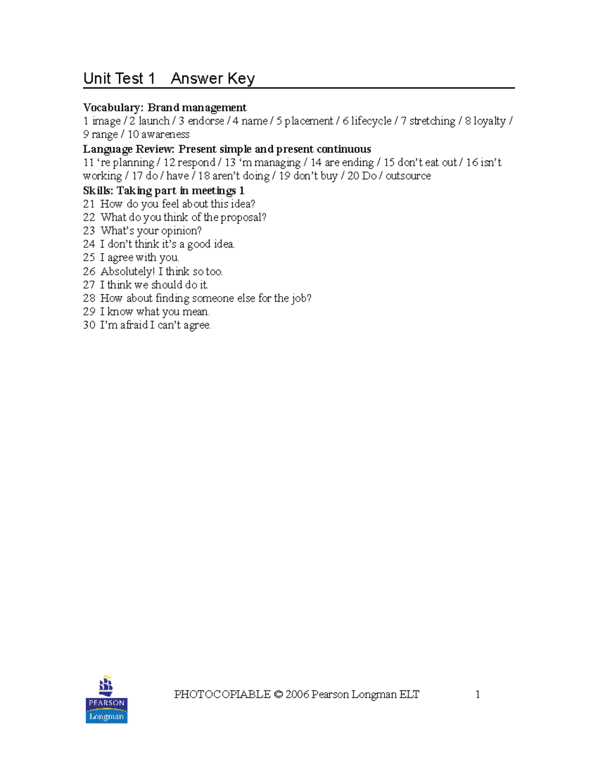 Key 1 - klucz odpowiedzi - Unit Test 1 Answer Key Vocabulary: Brand ...