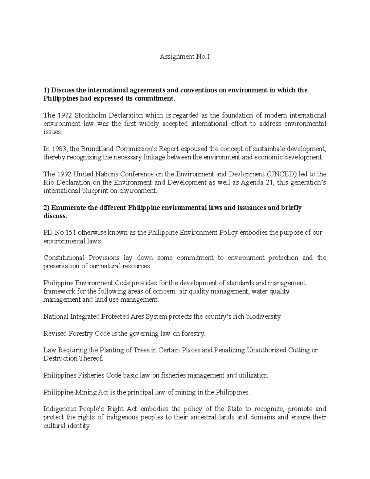 Afalla Gilbert Nat Res Assignment No. 1 - Assignment No. Discuss the international agreements ...