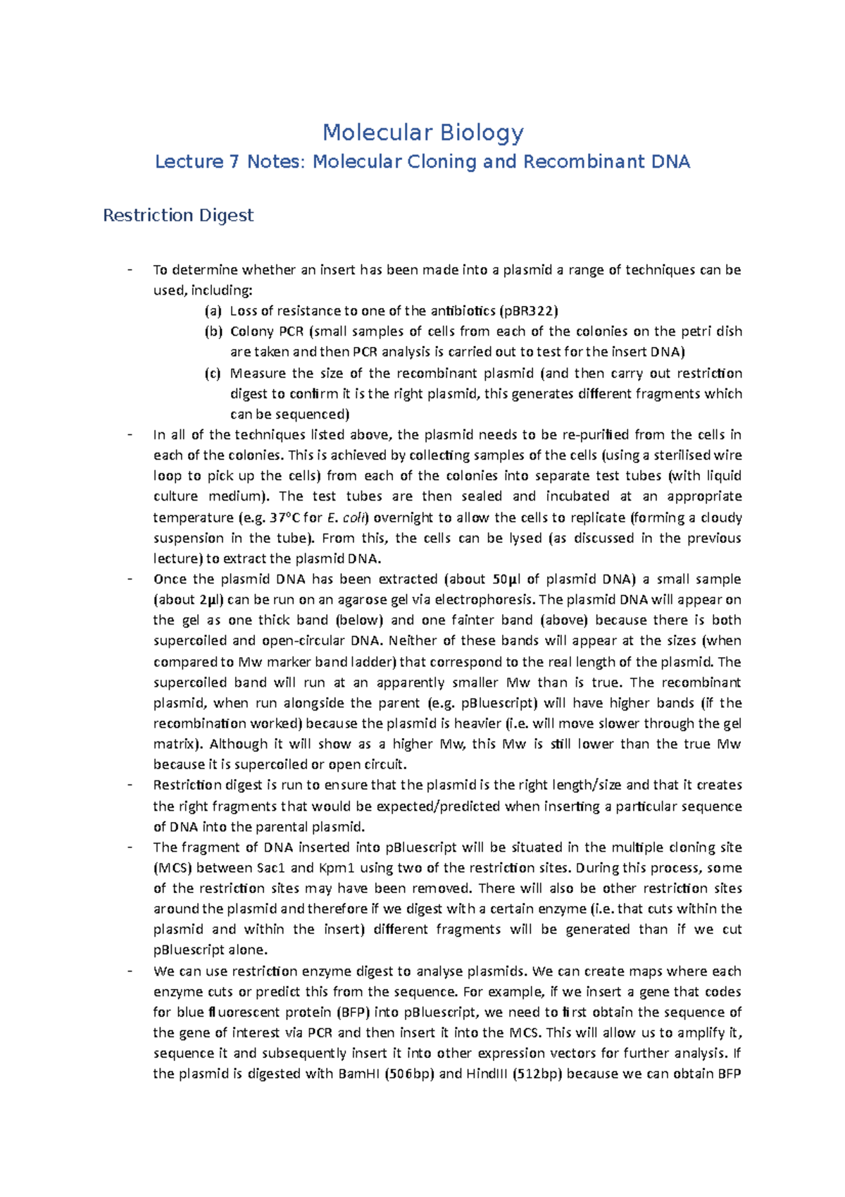 Lecture 7 Notes (Molecular Cloning and Recombinant DNA) - Molecular ...