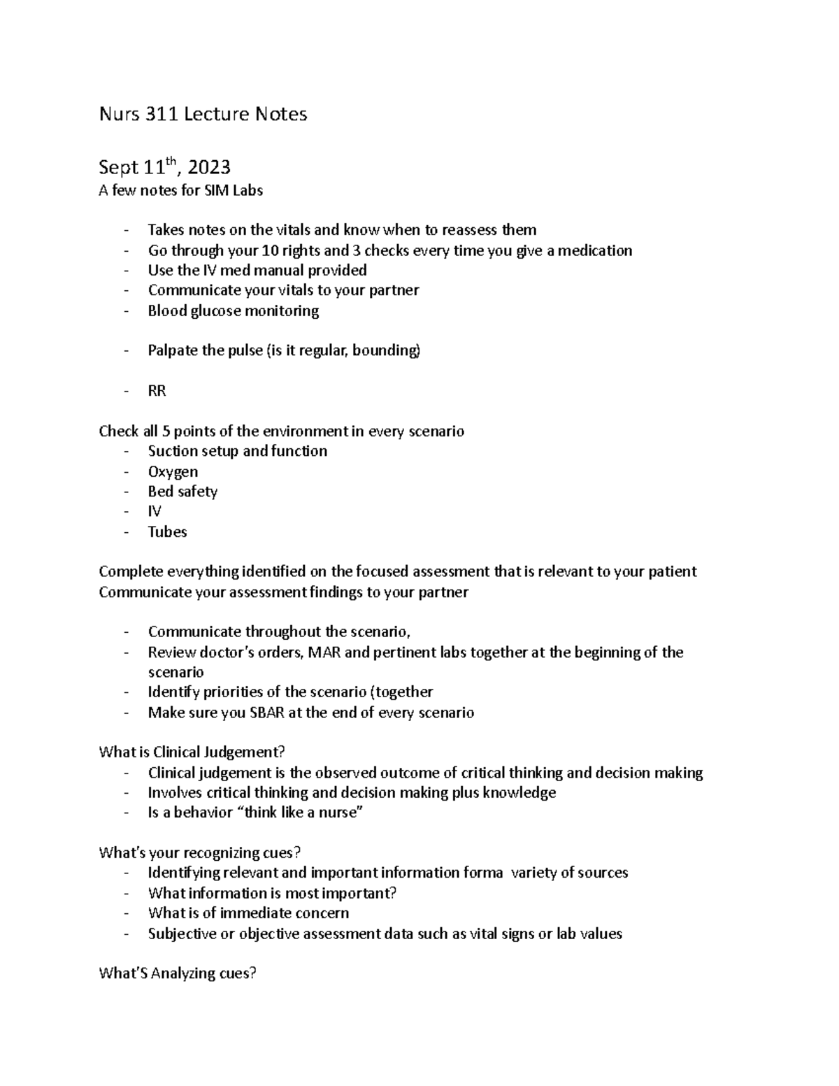 Nurs 311 Lecture Notes - Nurs 311 Lecture Notes Sept 11 th , 2023 A few ...