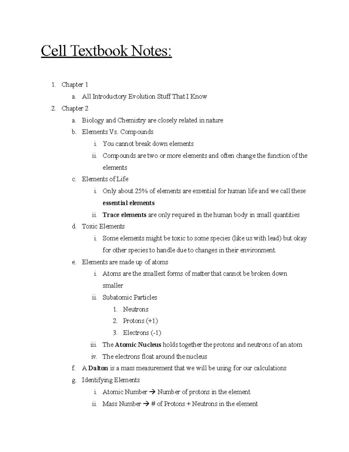 Cell Chapter 2 study guide - Cell Textbook Notes: Chapter 1 a. All ...