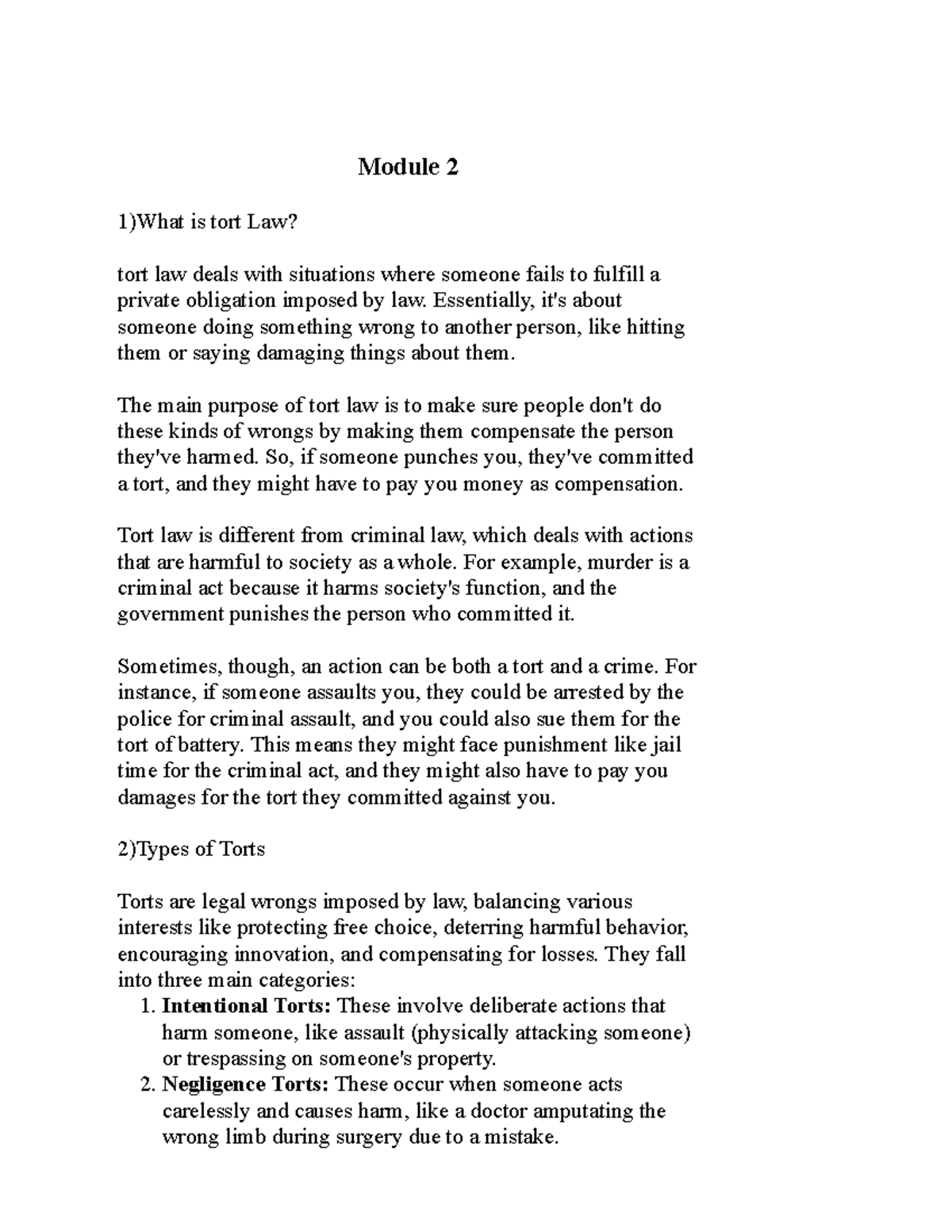 Law 1-7 - module 1 to 7 - Module 2 1)What is tort Law? tort law deals ...