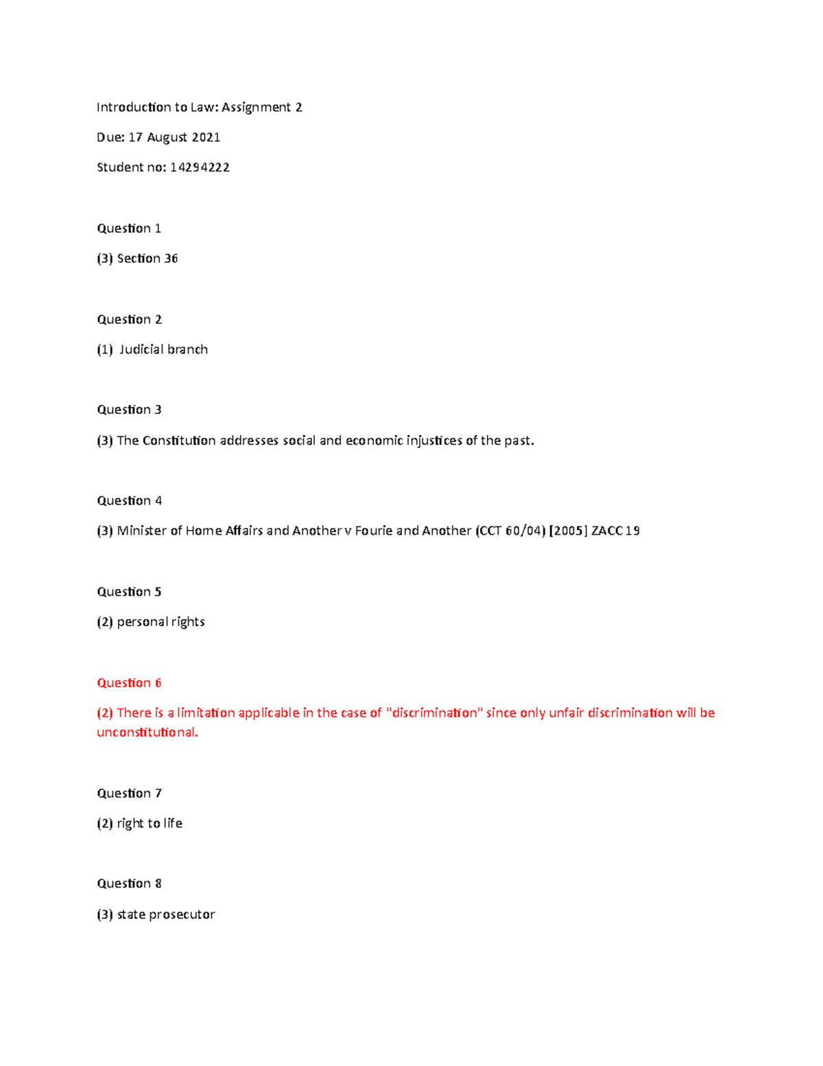 Introduction to Law Assignment 2 due date 17 August - Introduction to ...