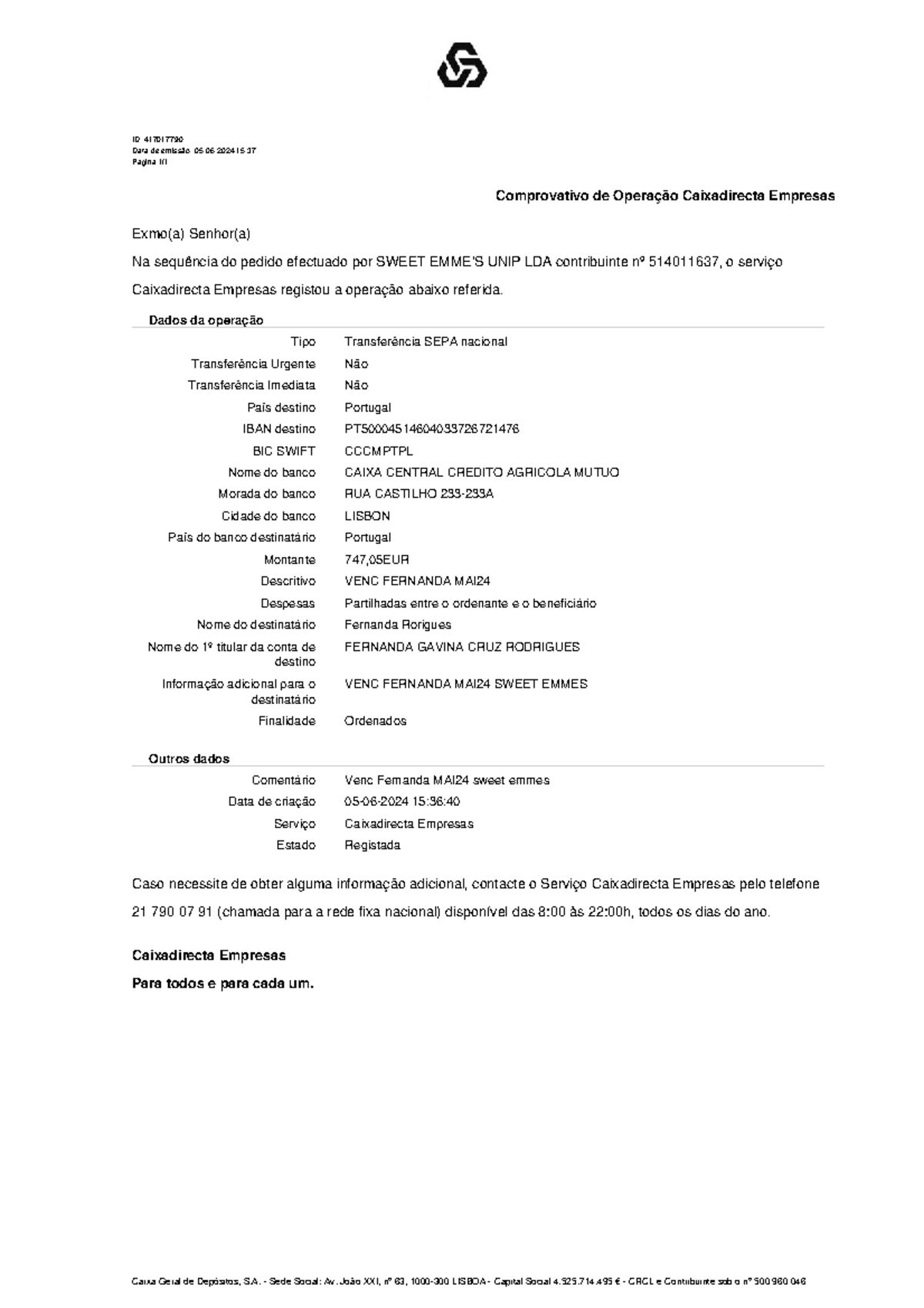 Comprovativo - Exmo(a) Senhor(a) Na sequência do pedido efectuado por ...