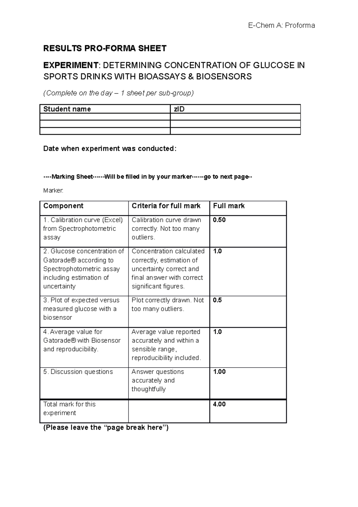 07P glucose Proforma - week 7 prac - RESULTS PRO-FORMA SHEET EXPERIMENT ...
