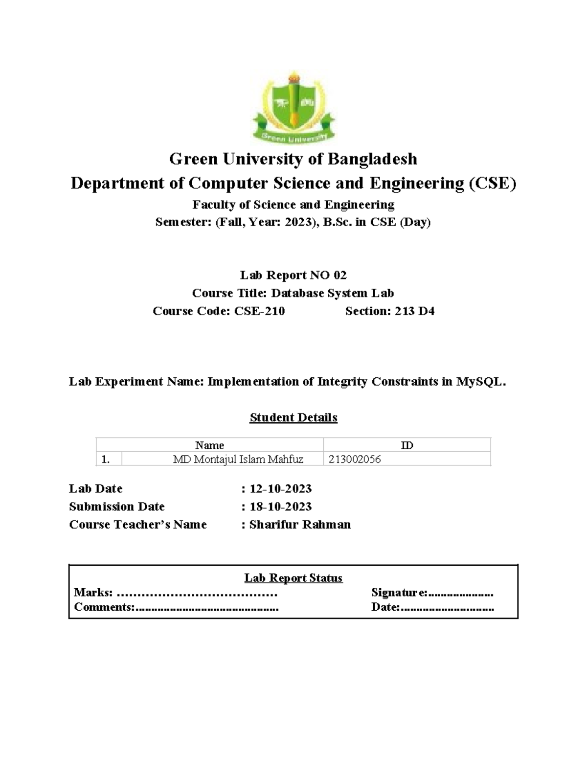 213002056 Database System lab 2 - Green University of Bangladesh Department of Computer Science ...