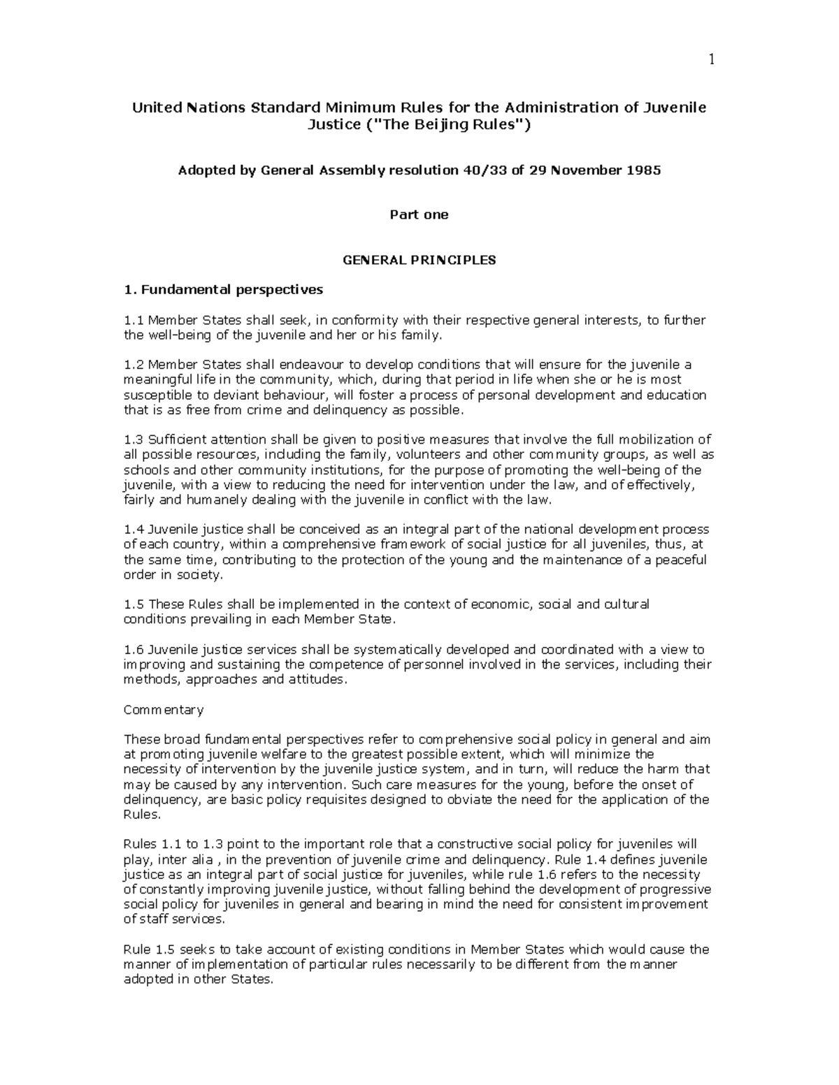 (Beijing Rules, 1985), United Nations Standard Minimum Rules for the ...