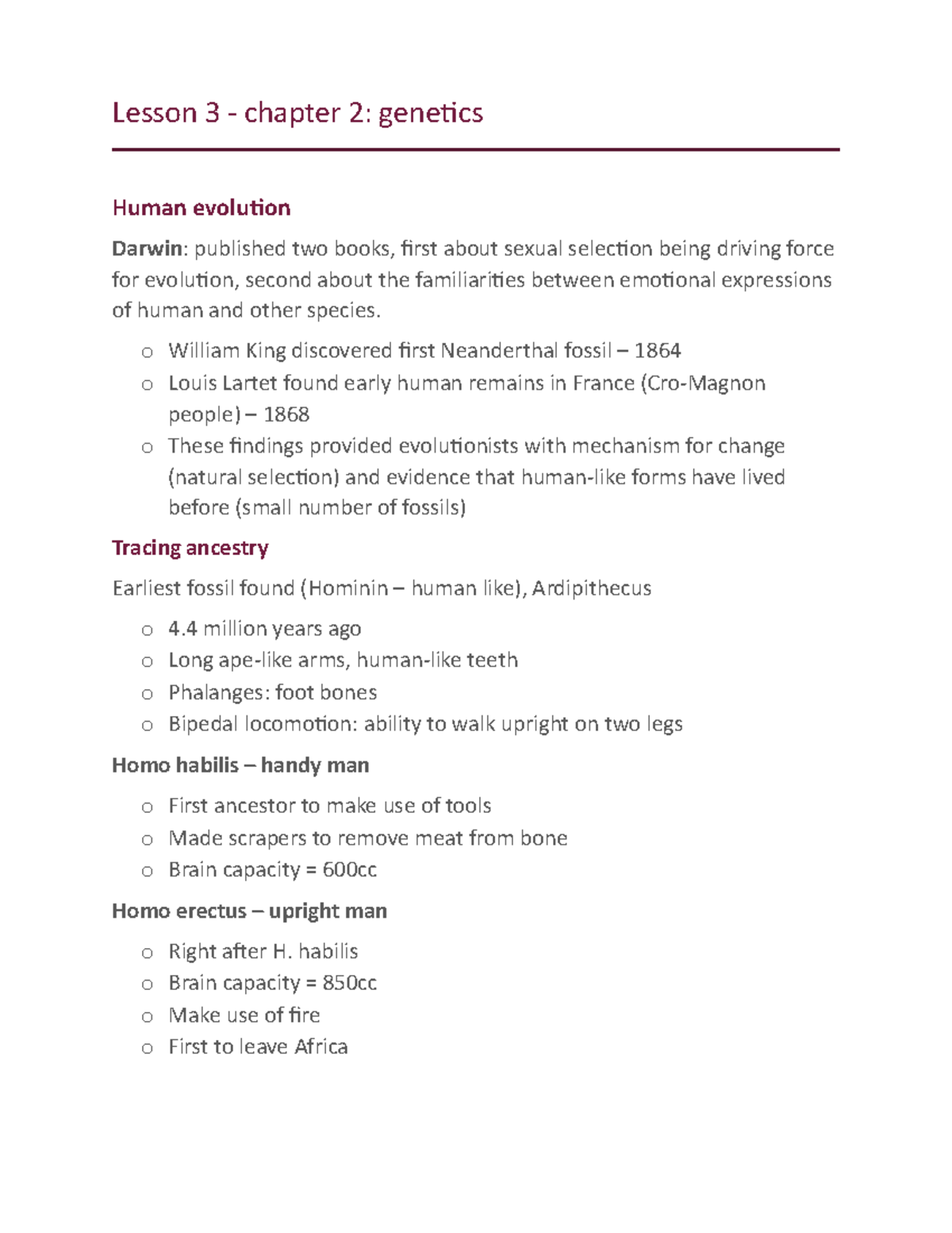 Lesson 3 - Lesson 3 - chapter 2: genetics Human evolution Darwin ...