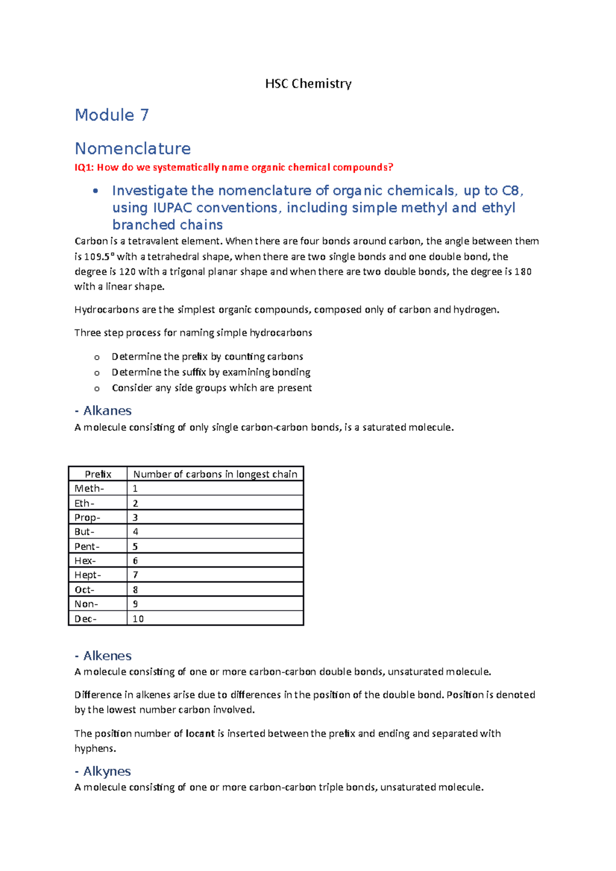 Module 7 Organic Chemistry - HSC Chemistry Module 7 Nomenclature IQ1 ...