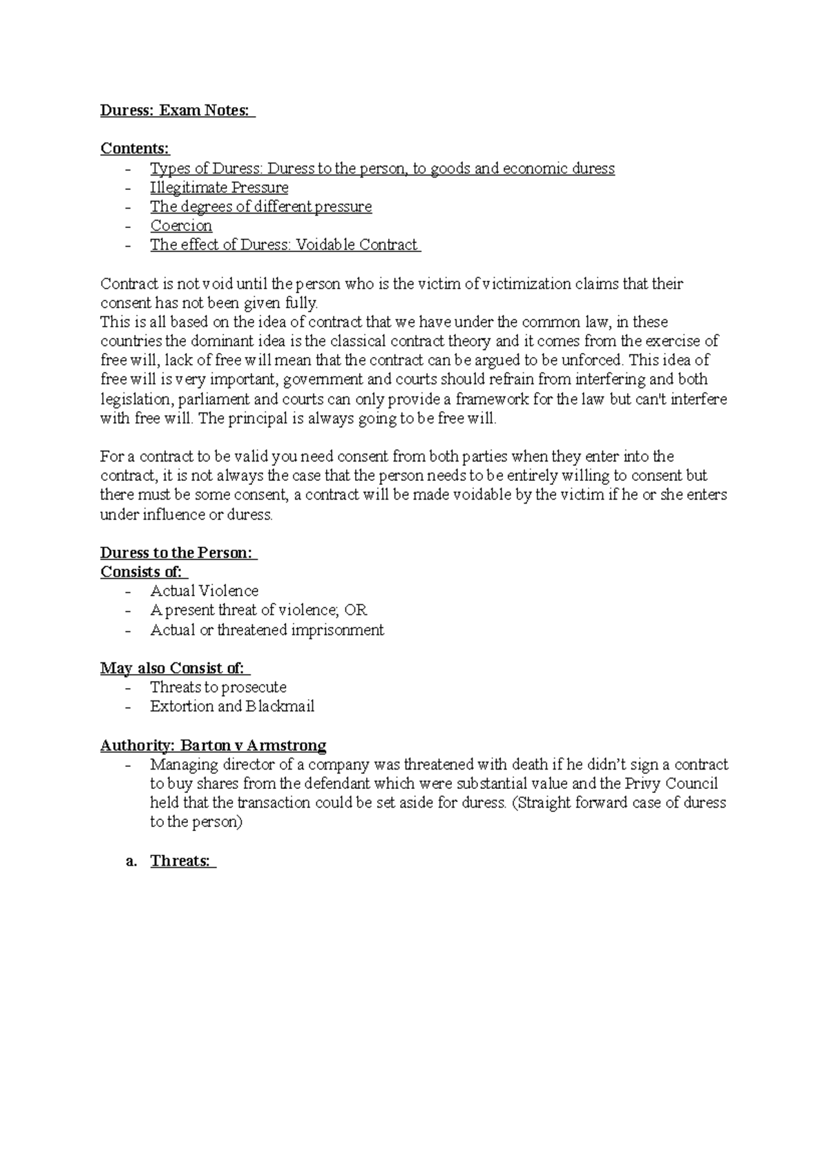 Duress Notes - Exam Notes - Duress: Exam Notes: Contents: - Types of ...