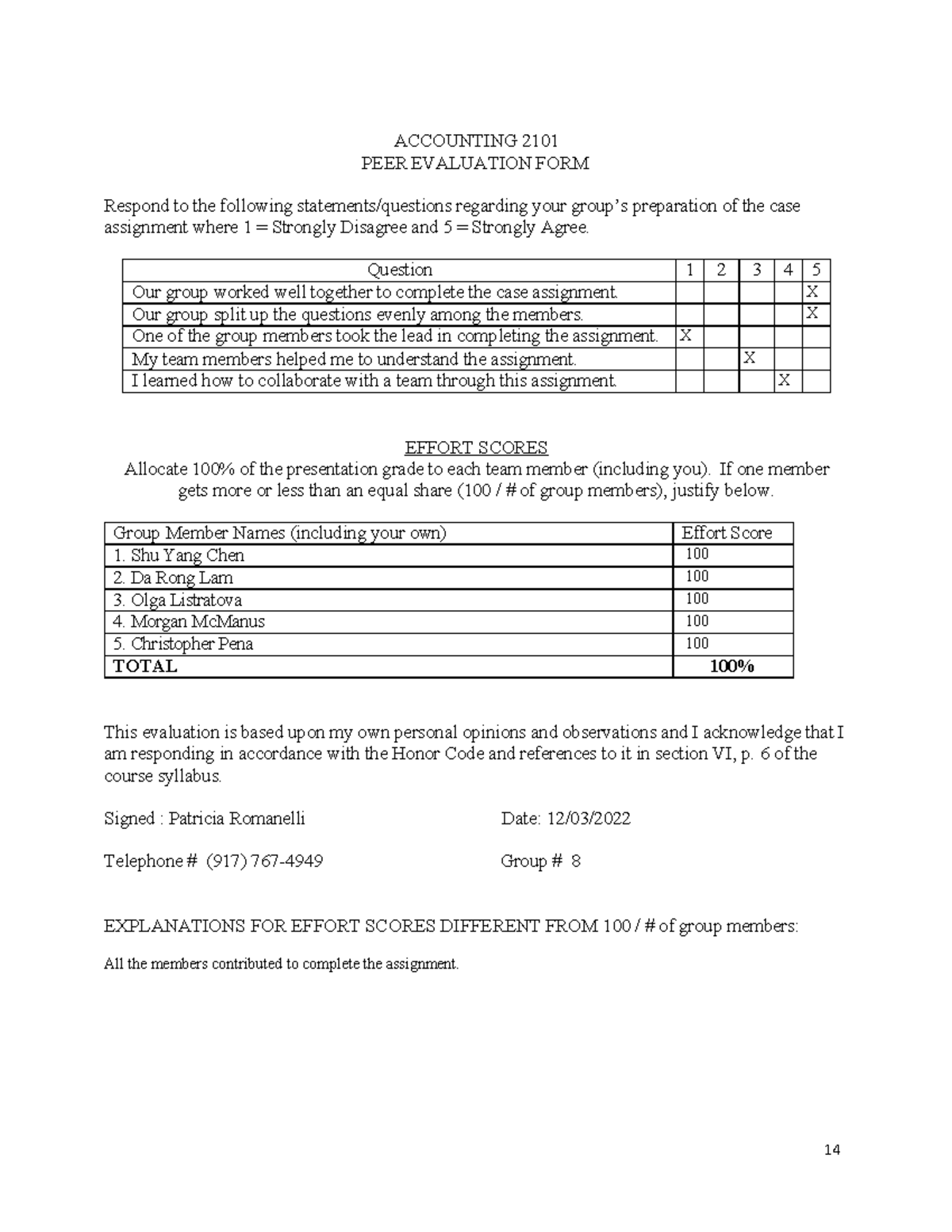 Review Group 8 - Patricia Romanelli - ACCOUNTING 2101 PEER EVALUATION ...