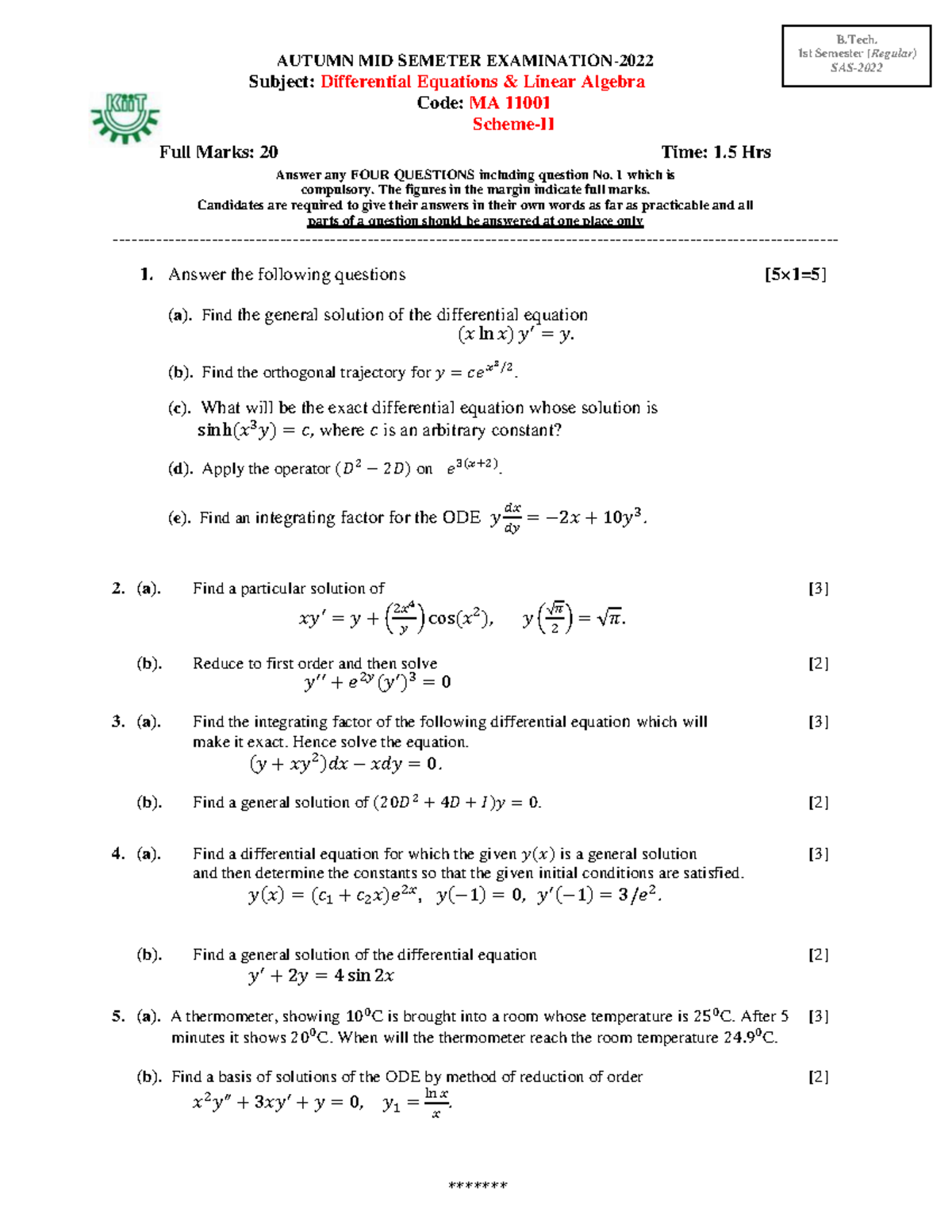 Maths 1 - AUTUMN MID SEMETER EXAMINATION- 2022 Subject: Differential ...