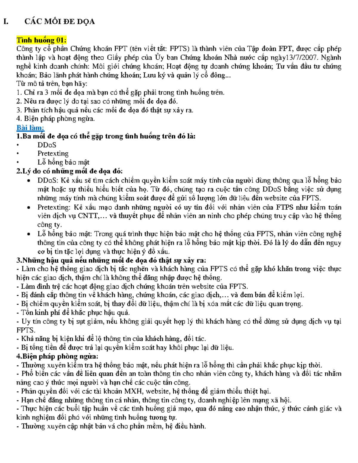 GK ATTT - Iuh - I. CÁC MỐI ĐE DỌA Tình huống 01: Công ty cổ phần Chứng ...