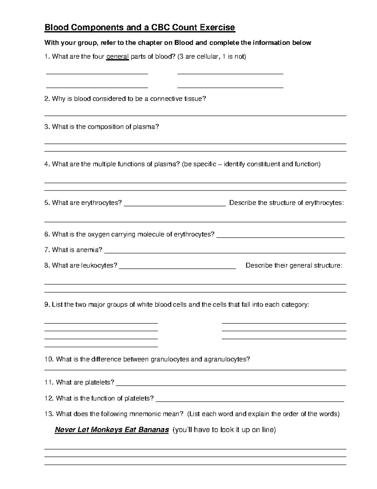 Blood Components and a CBC Count Exercise 2022 - Blood Components and a ...