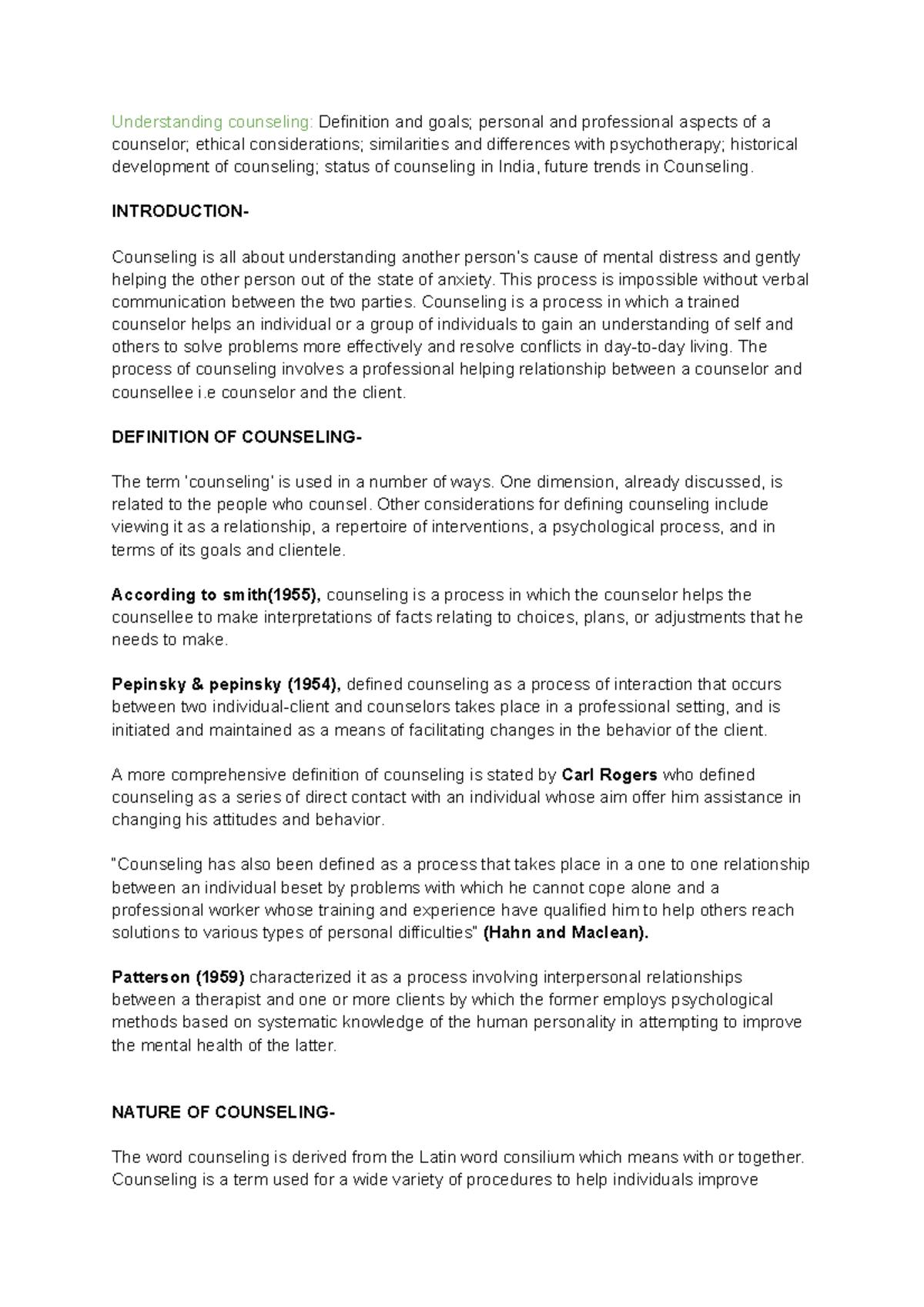 Copy of Counselling Notes- UNIT 1 - Understanding counseling ...
