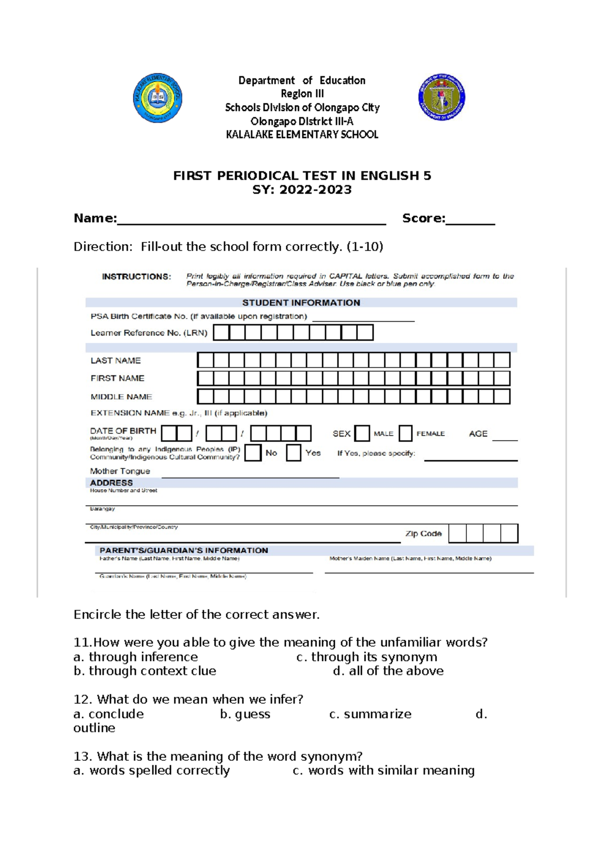 First Test Periodical in English - Department of Education Region III ...