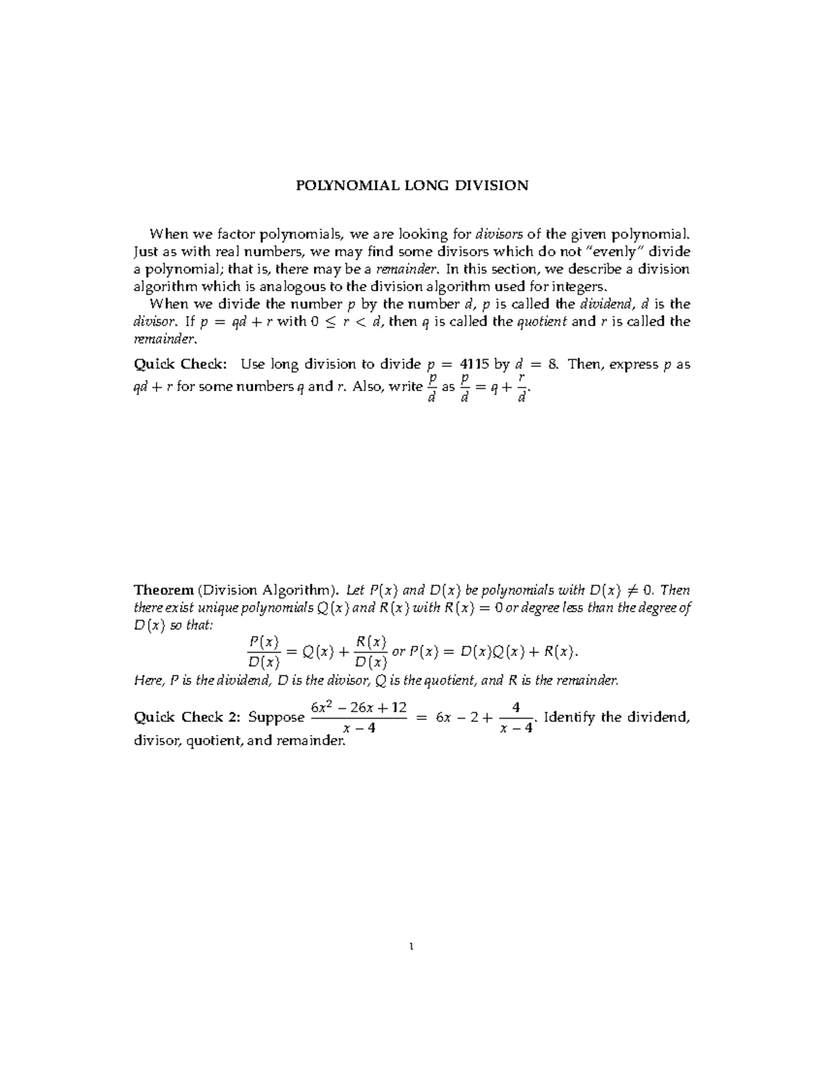 Sample Polynomial Long Division - When we factor polynomials, we are ...