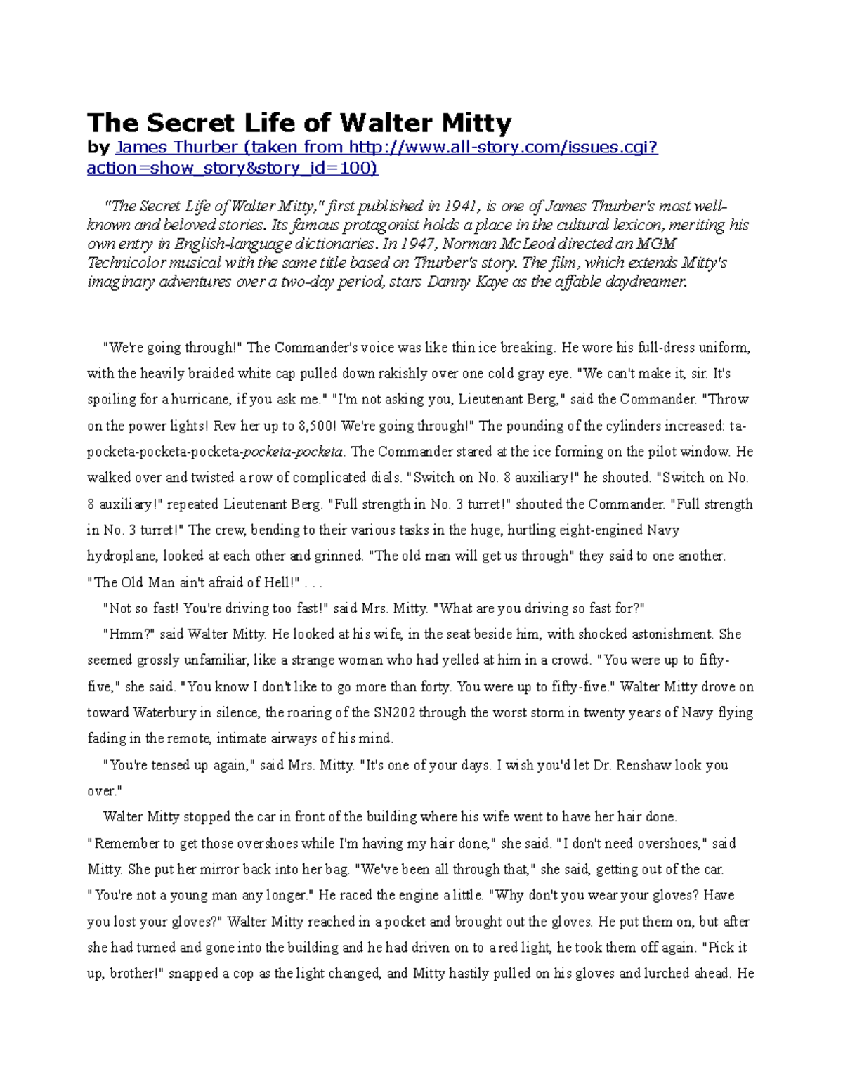 The Secret Life of Walter Mitty - cgi? action=show_story&story_id=100 ...