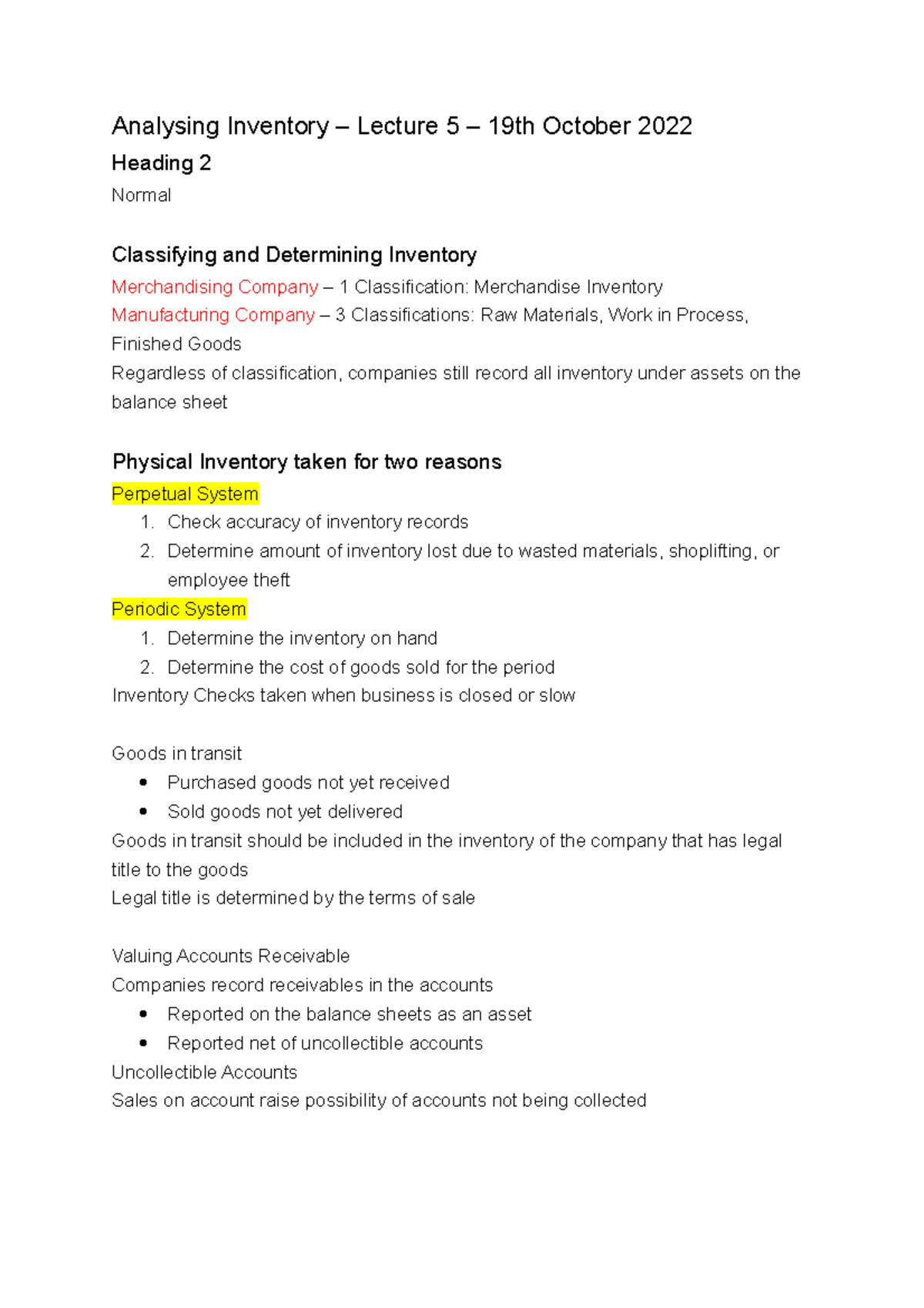 Lecture 5 - 19 Oct 22 - Analysing Inventory – Lecture 5 – 19th October ...