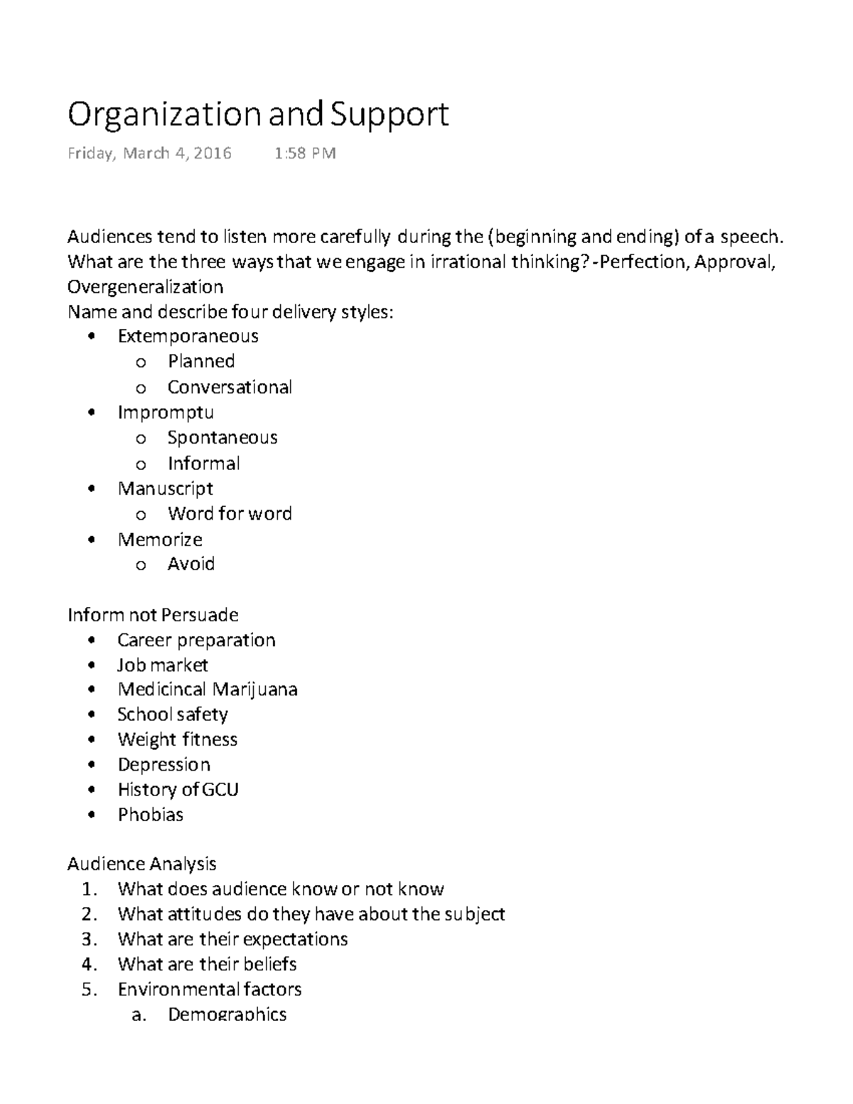 Organization and Support - Organization and Support Friday, March 4 ...